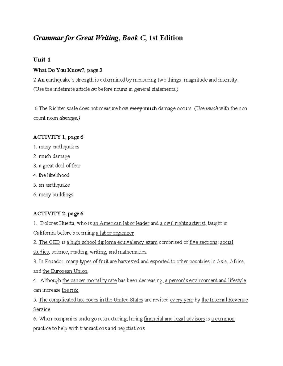 Grammar for Great Writing, Book C - Answer Key and Activities - Studocu