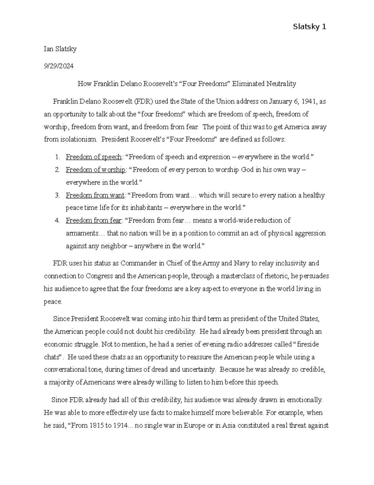 Rhetorical Analysis Rough Draft: FDR's "Four Freedoms" Impact - Studocu