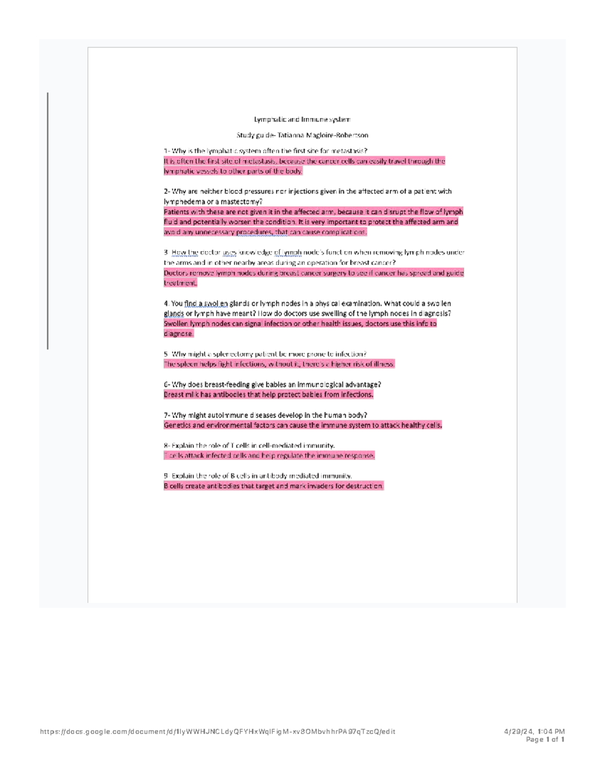 Lymphatic & Immune System Study Guide (BIO 101) - Studocu