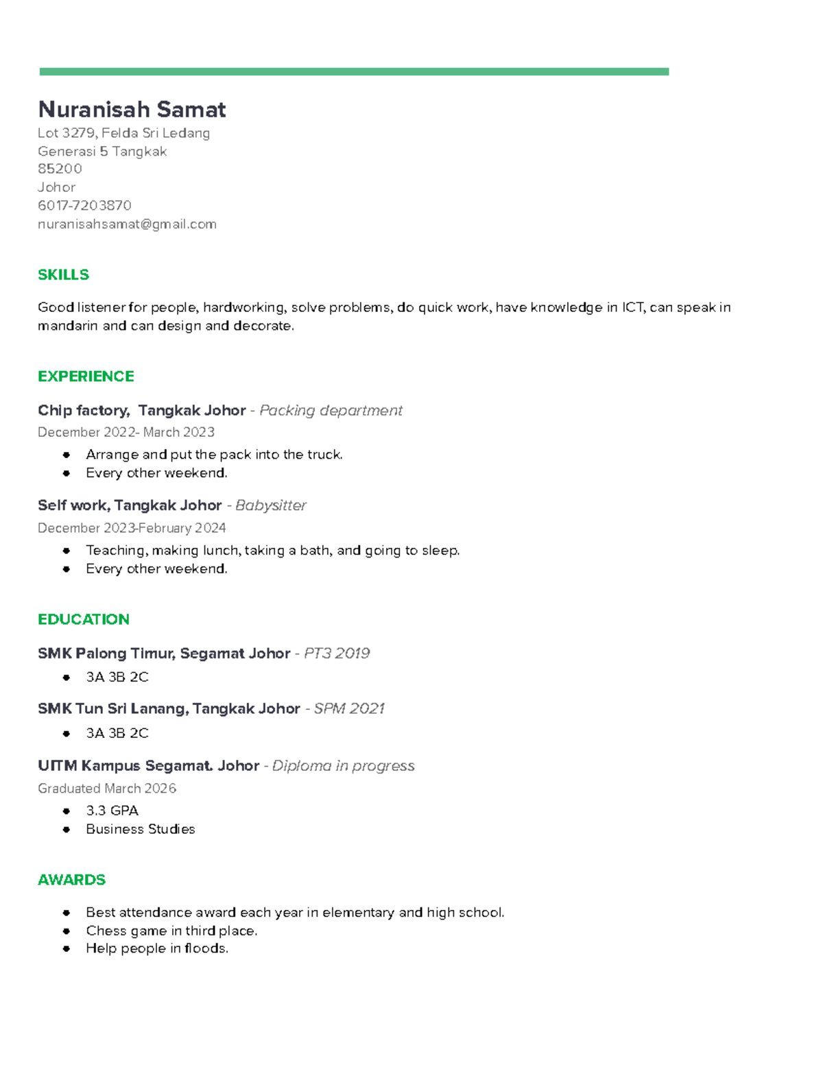 MGT334 Resume Assignment: Nuranisah Samat's Professional Profile - Studocu