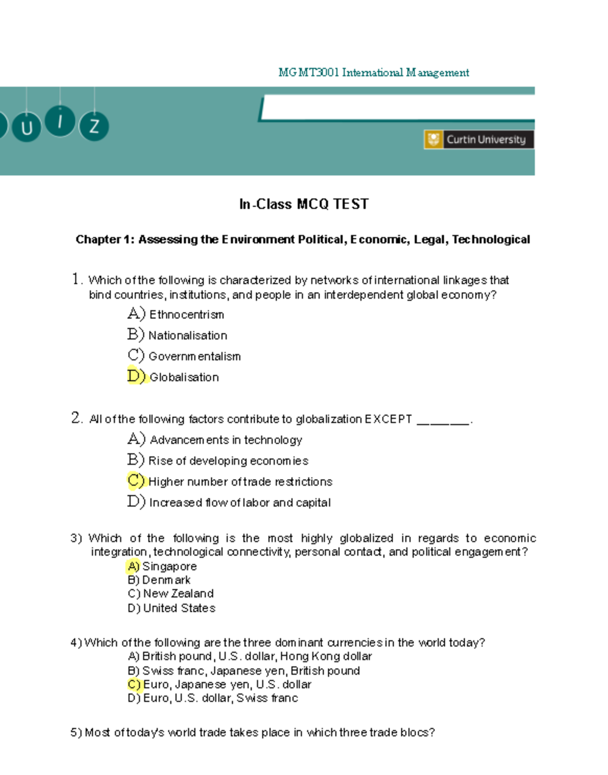 MCQ chapter 01 - Topic 1: Chapter 1: The International Management Environment MGMT3001 ...