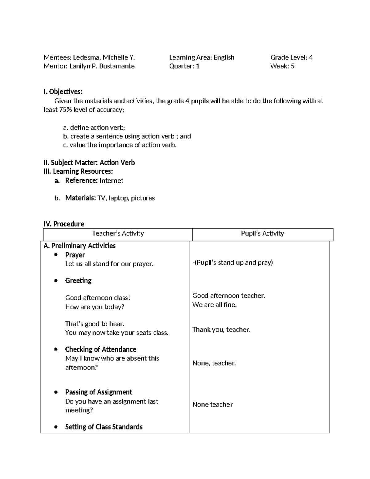 Action Verbs Lesson Plan for Grade 4 - English (VERB 060349) - Studocu