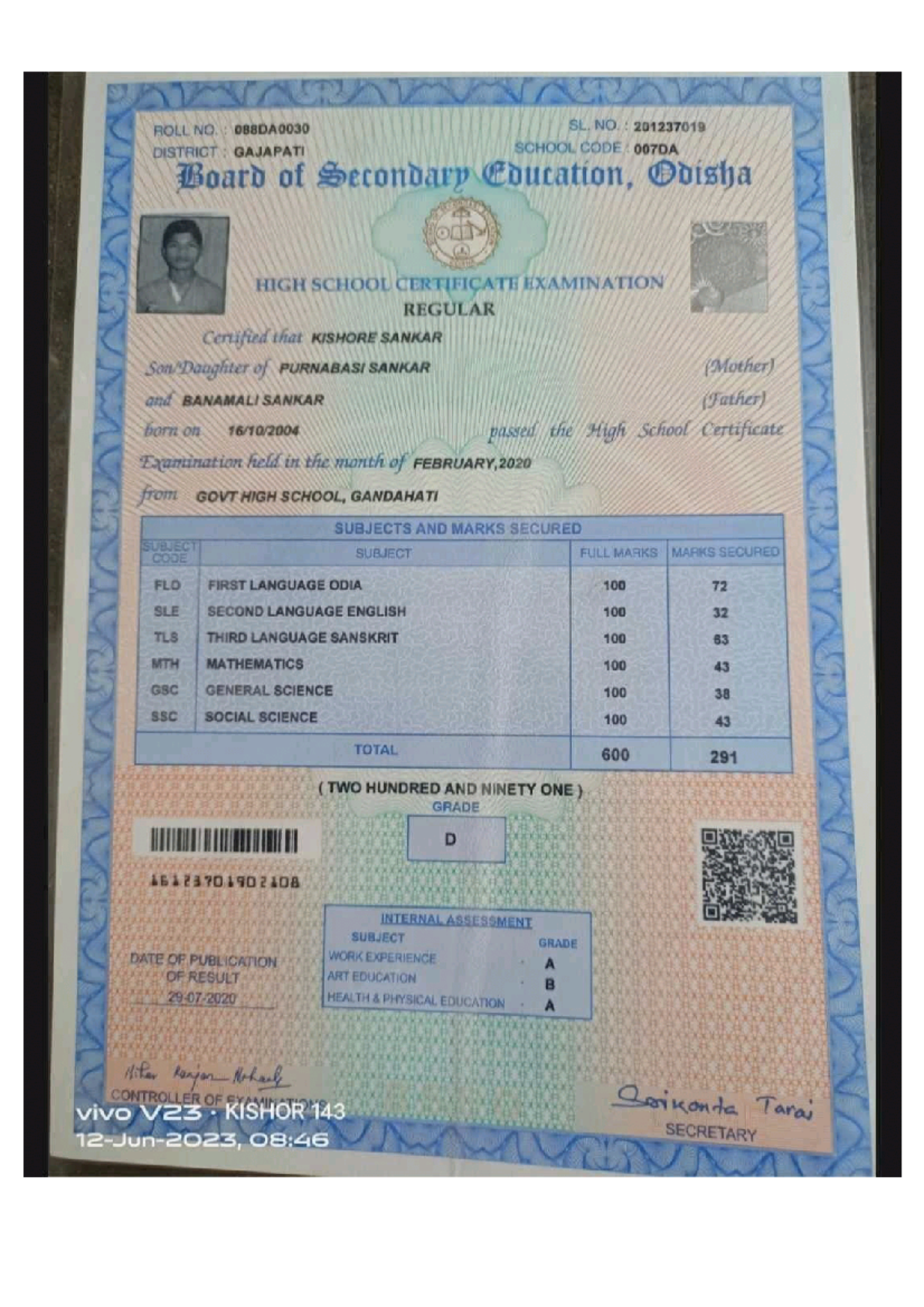 Matrik certificate - Okk - ROLL NO.: 088DA0030 SL.: 201237019 DISTRICT ...