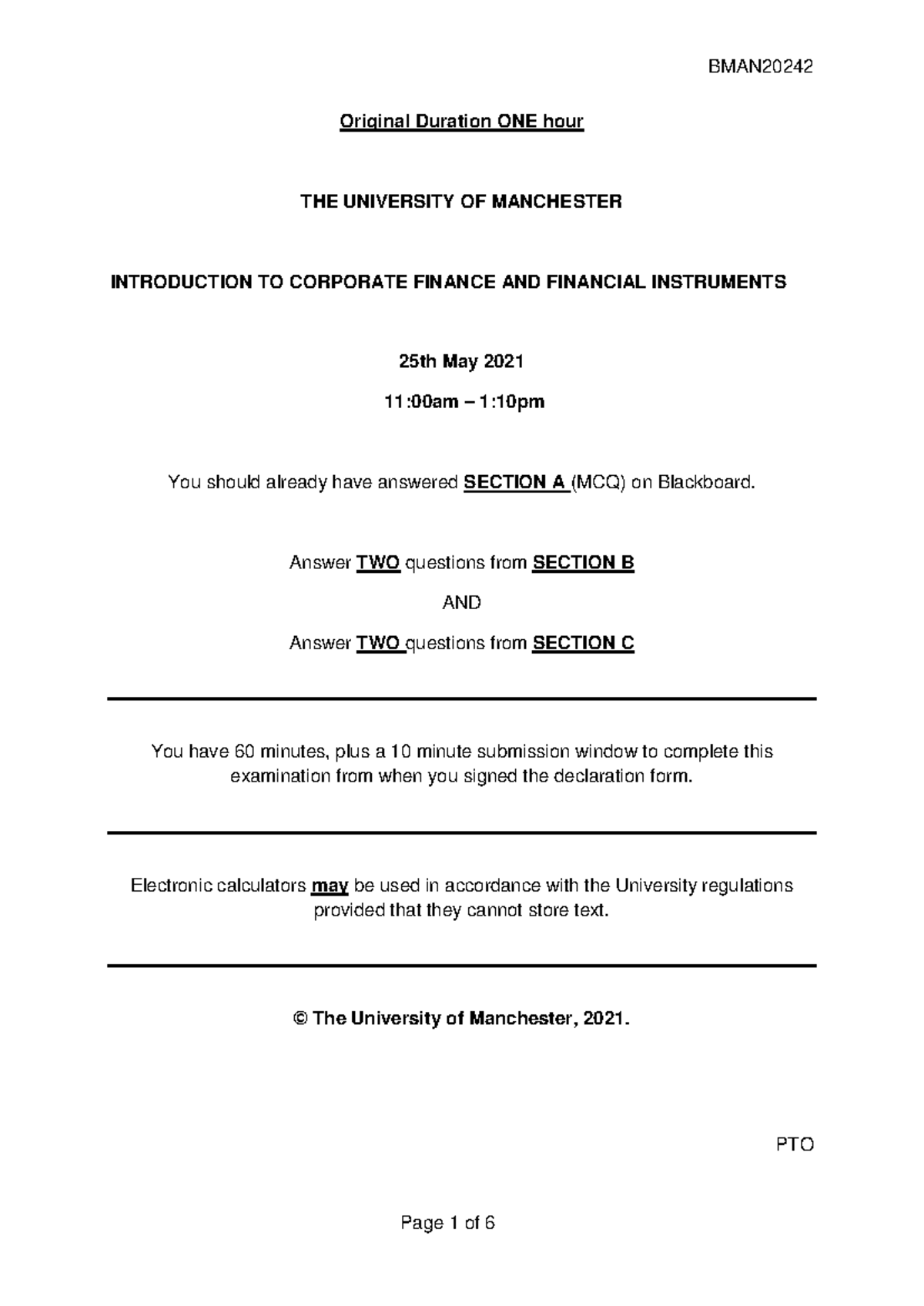 BMAN20242 Exam Paper - Original Duration ONE hour THE UNIVERSITY OF ...