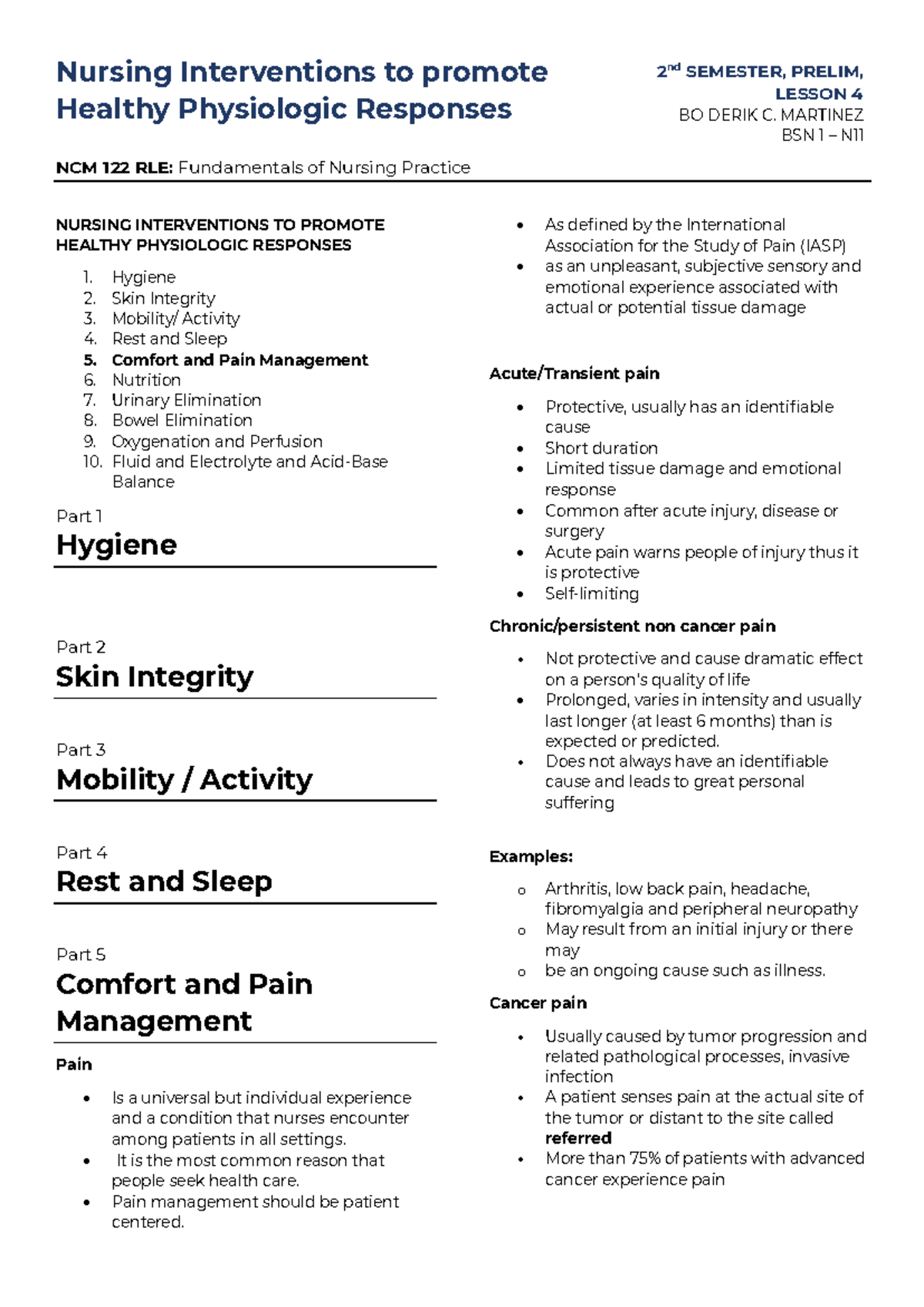 L4 - Nursing Interventions for Healthy Physiologic Responses NCM 122 ...