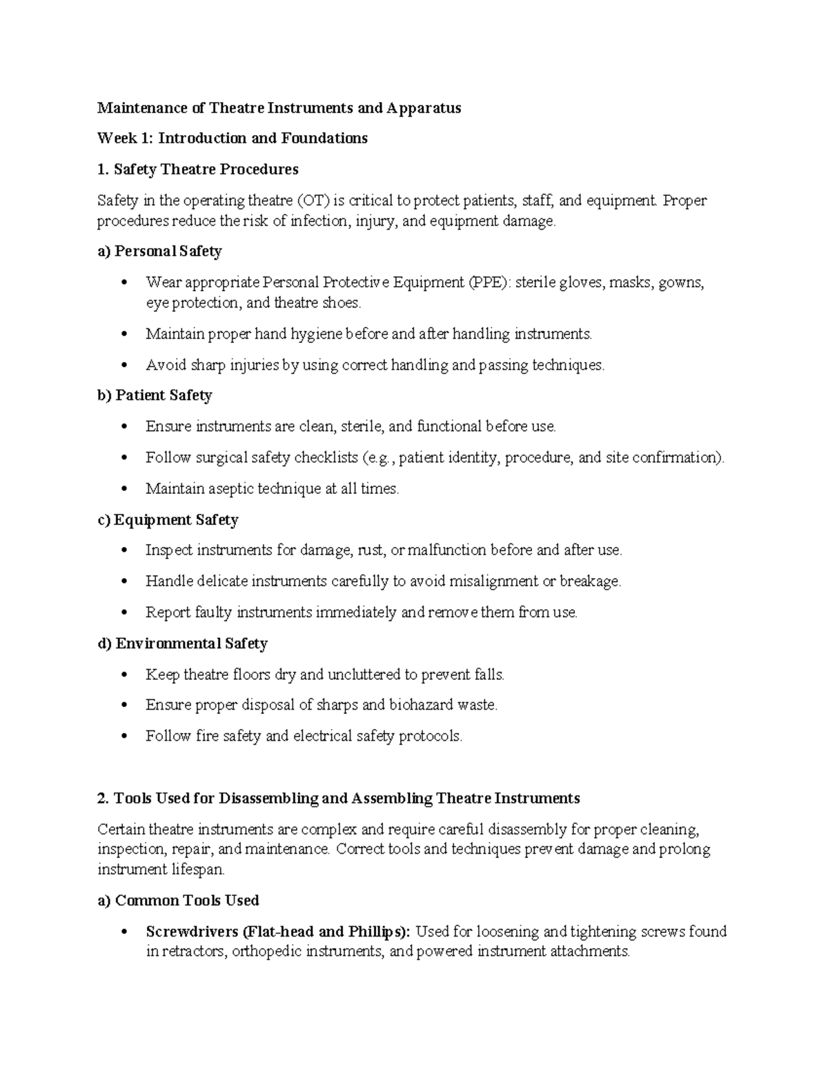 Maintenance of Theatre Instruments & Apparatus: Week 1 Overview - Studocu