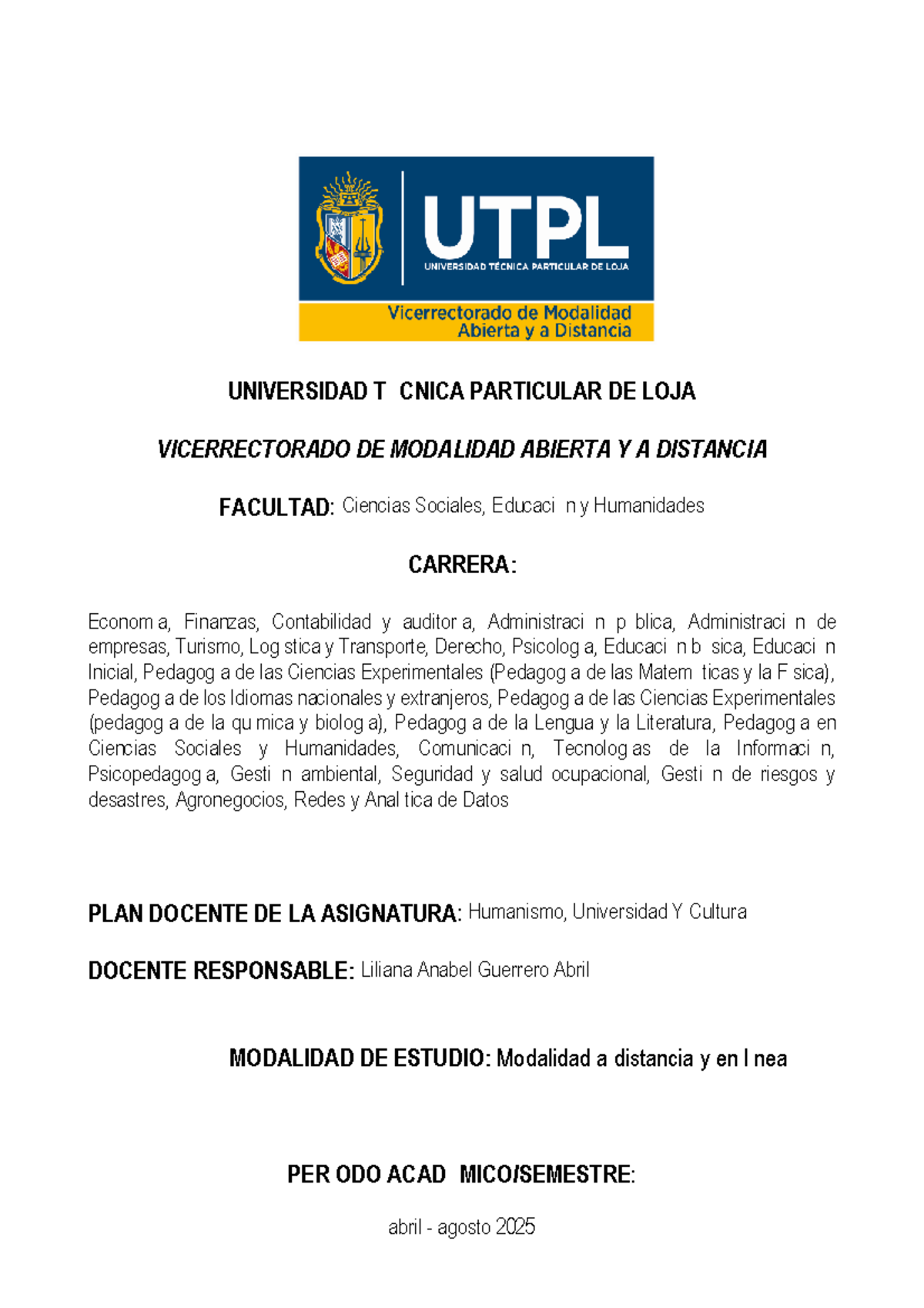Plan docente PD - Dkkdkd - UNIVERSIDAD TÉCNICA PARTICULAR DE LOJA ...