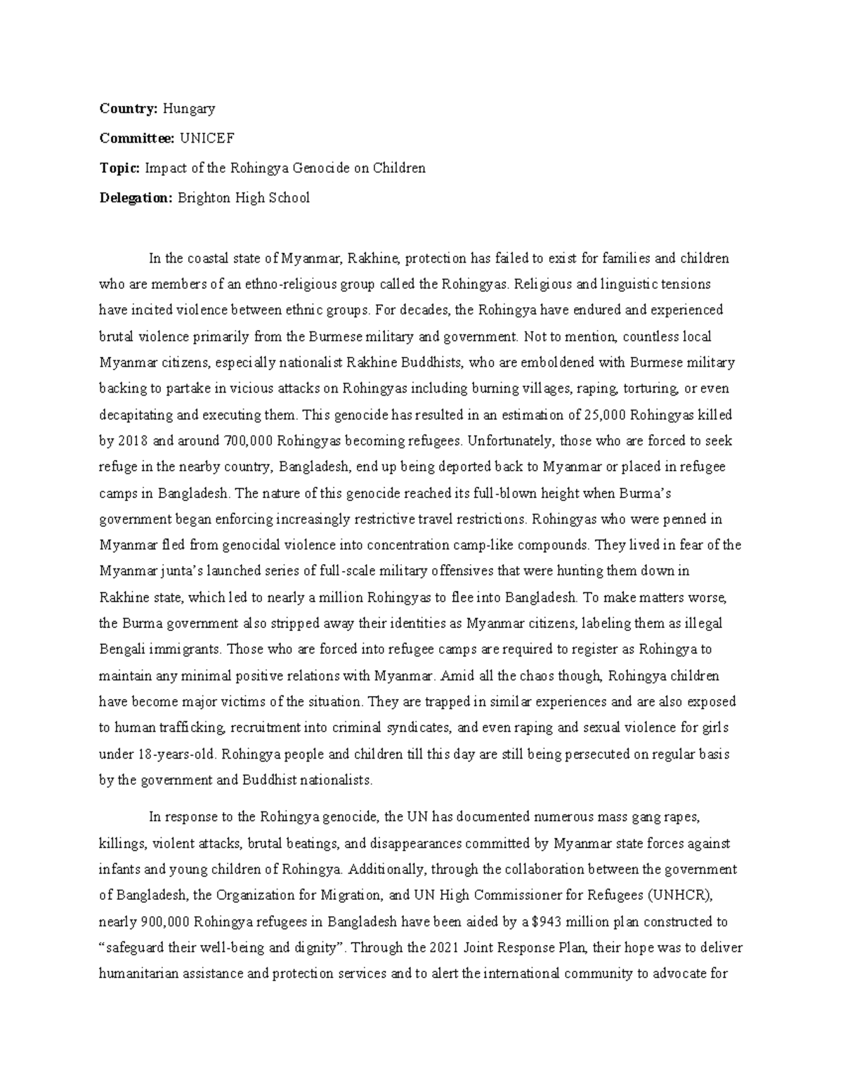 Position Paper Exemplar - Country: Hungary Committee: UNICEF Topic ...