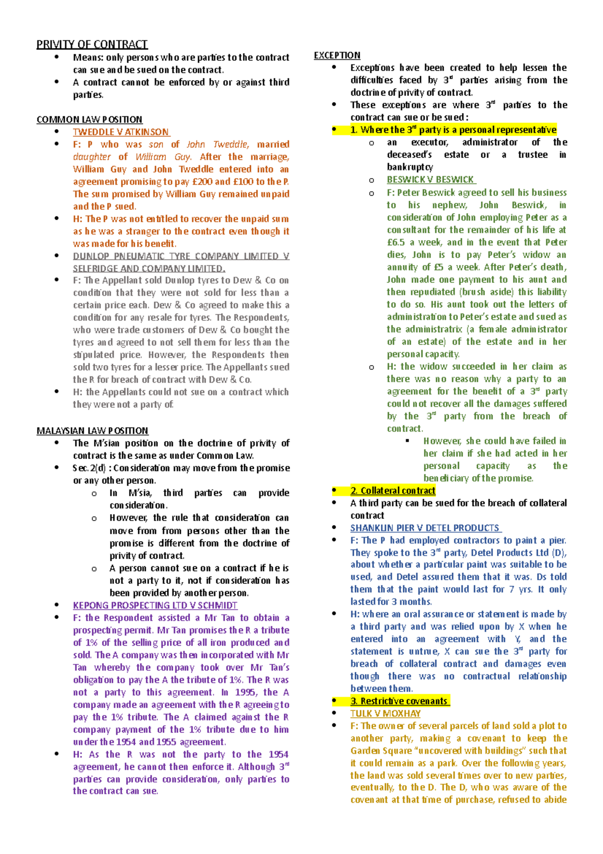 Privity of Contract Study Notes for Law Course: Key Cases & Exceptions ...