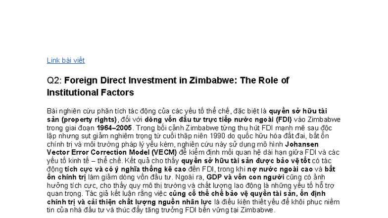 Nghiên cứu Q2: Tác động của Yếu tố Thể chế đến FDI tại Zimbabwe - Studocu
