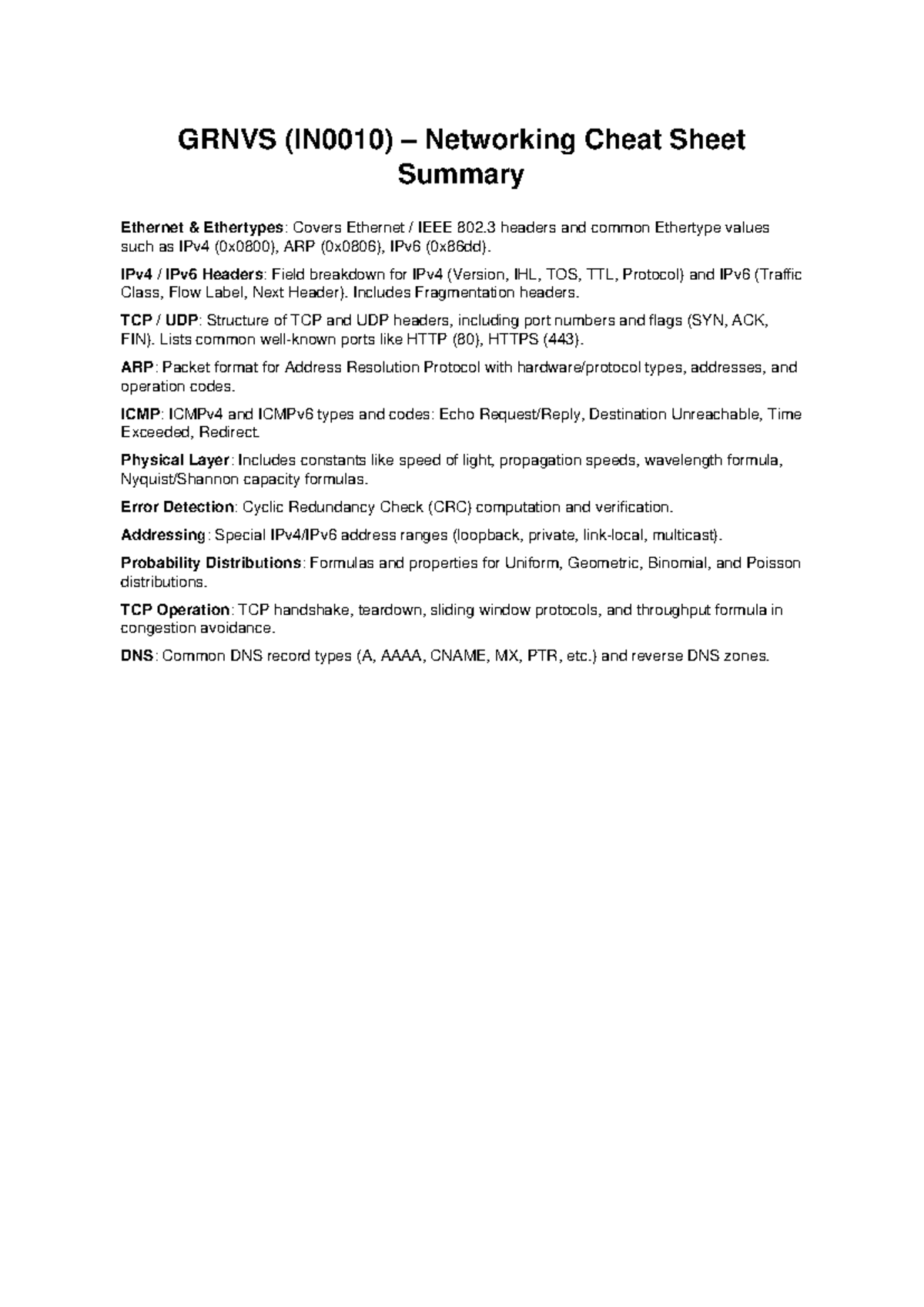 GRNVS (IN0010) Networking Cheat Sheet: Key Protocols & Concepts - Studocu