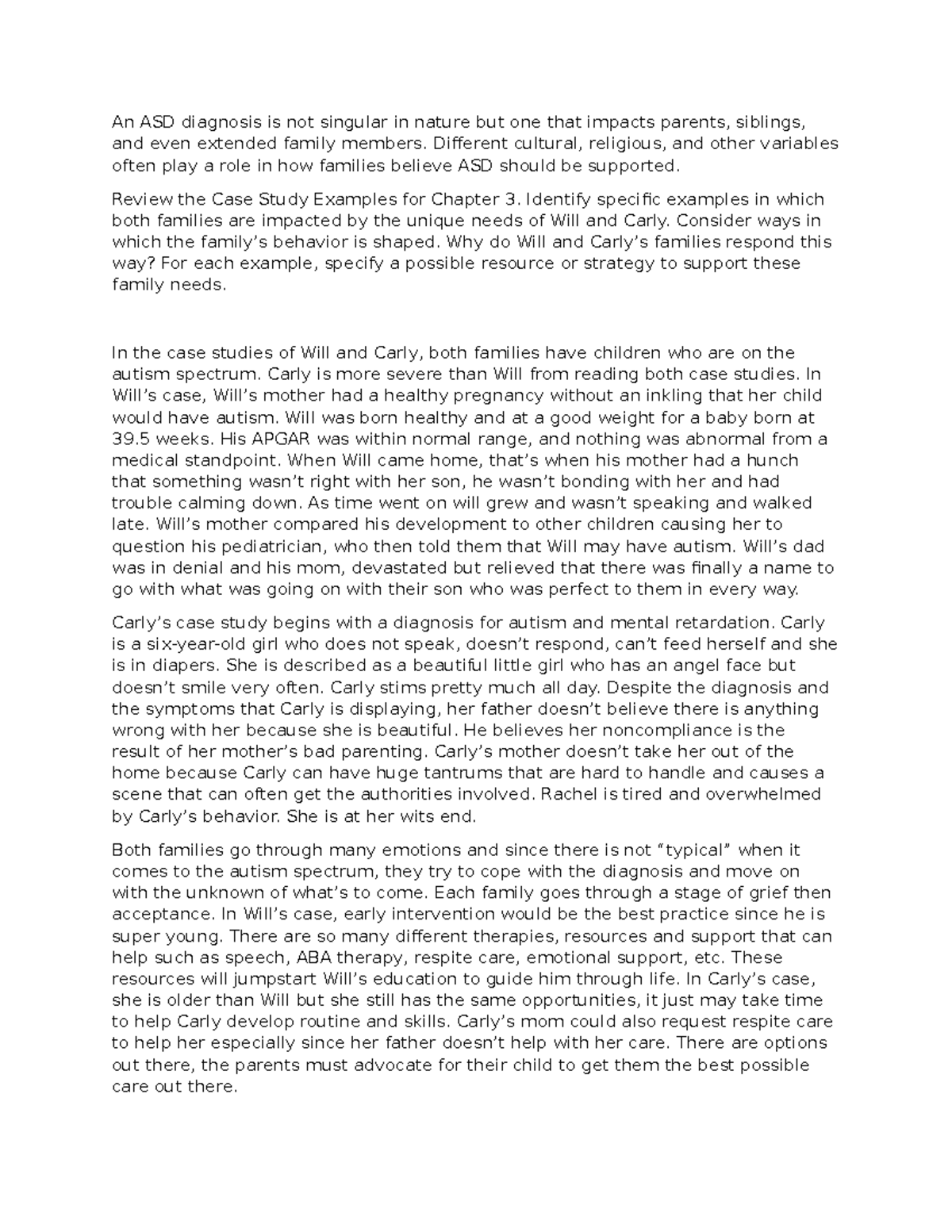 Case Study Analysis: The Impact of ASD on Families in Chapter 3 - Studocu