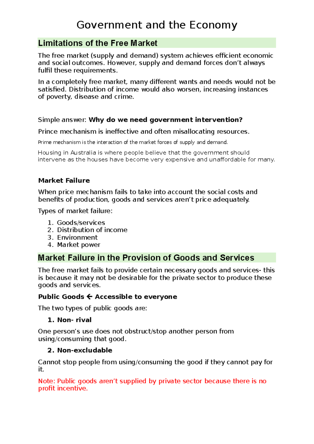 Government and the Economy: Limitations of the Free Market and Market ...