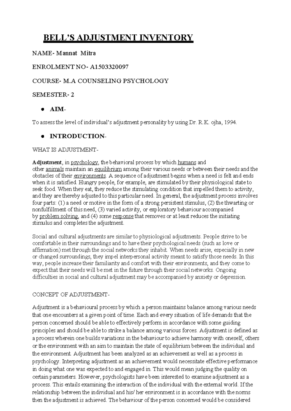 731914967 M Counseling Psychology: BELL’s Adjustment Inventory Analysis ...