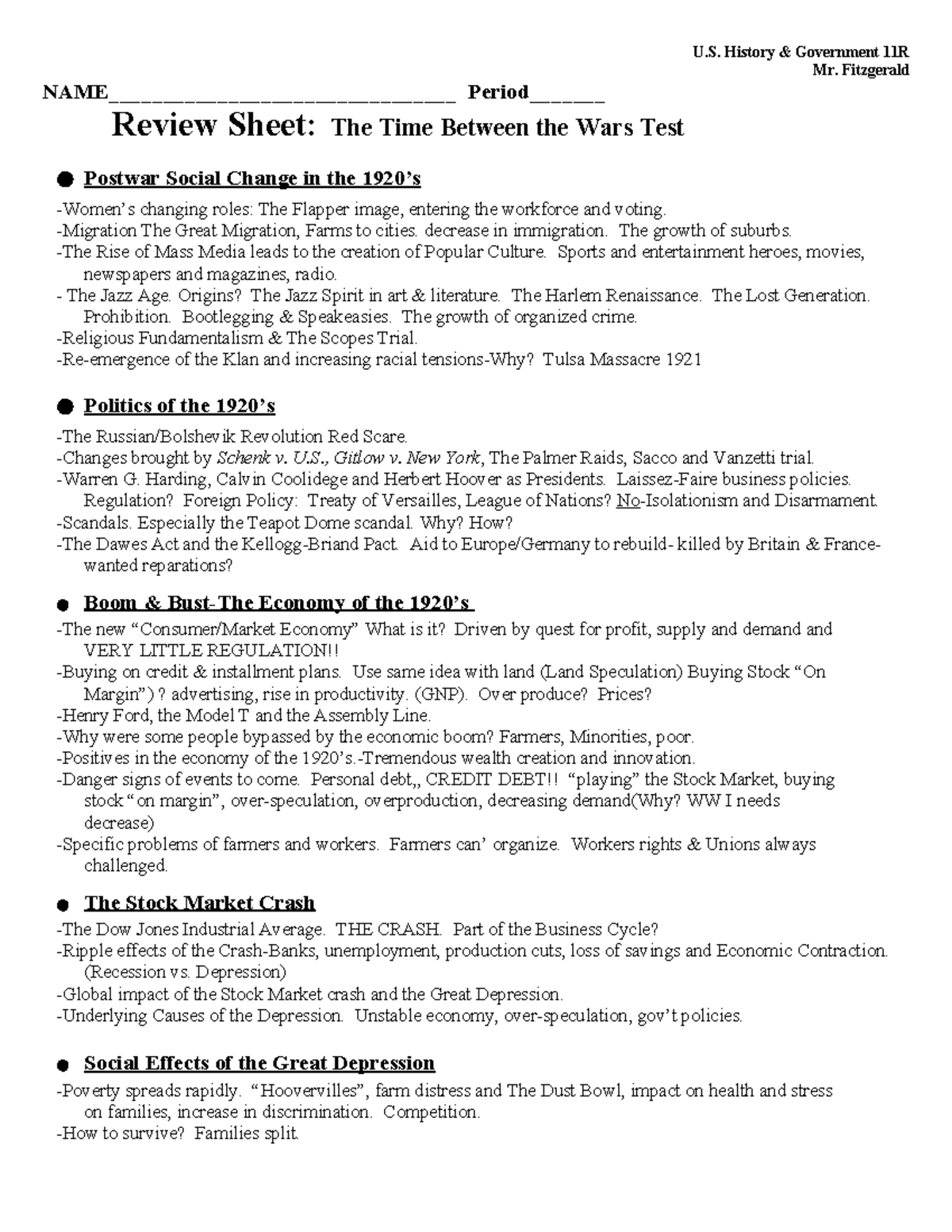 U.S. History & Government 11R: Review Sheet for The Time Between the ...