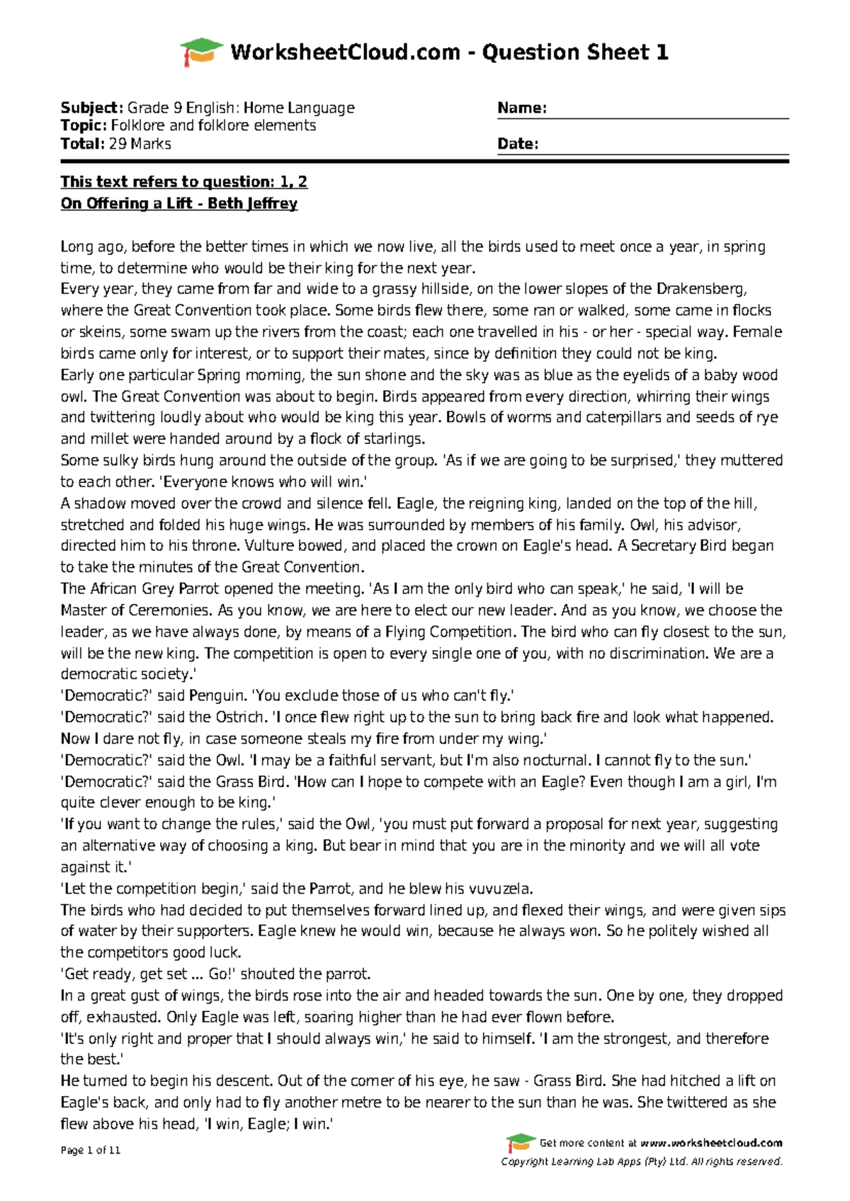 Grade 9 English Folklore Worksheet: "On Offering a Lift" by Beth ...