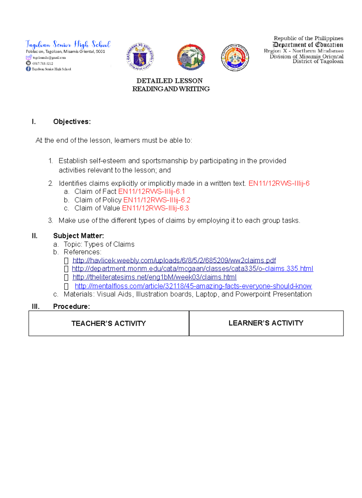 Detailed Lesson PLAN kinds of claim Observation - I. Objectives: DETAILED LESSON READING AND ...