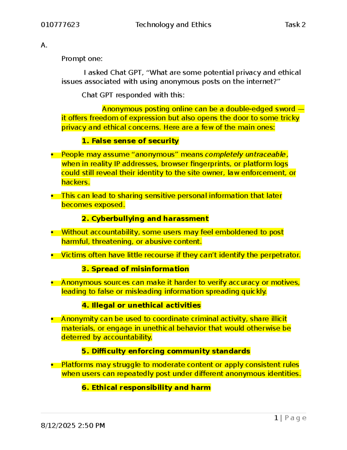 Technology and Ethics Task 2: Privacy Issues with Anonymous Posting ...