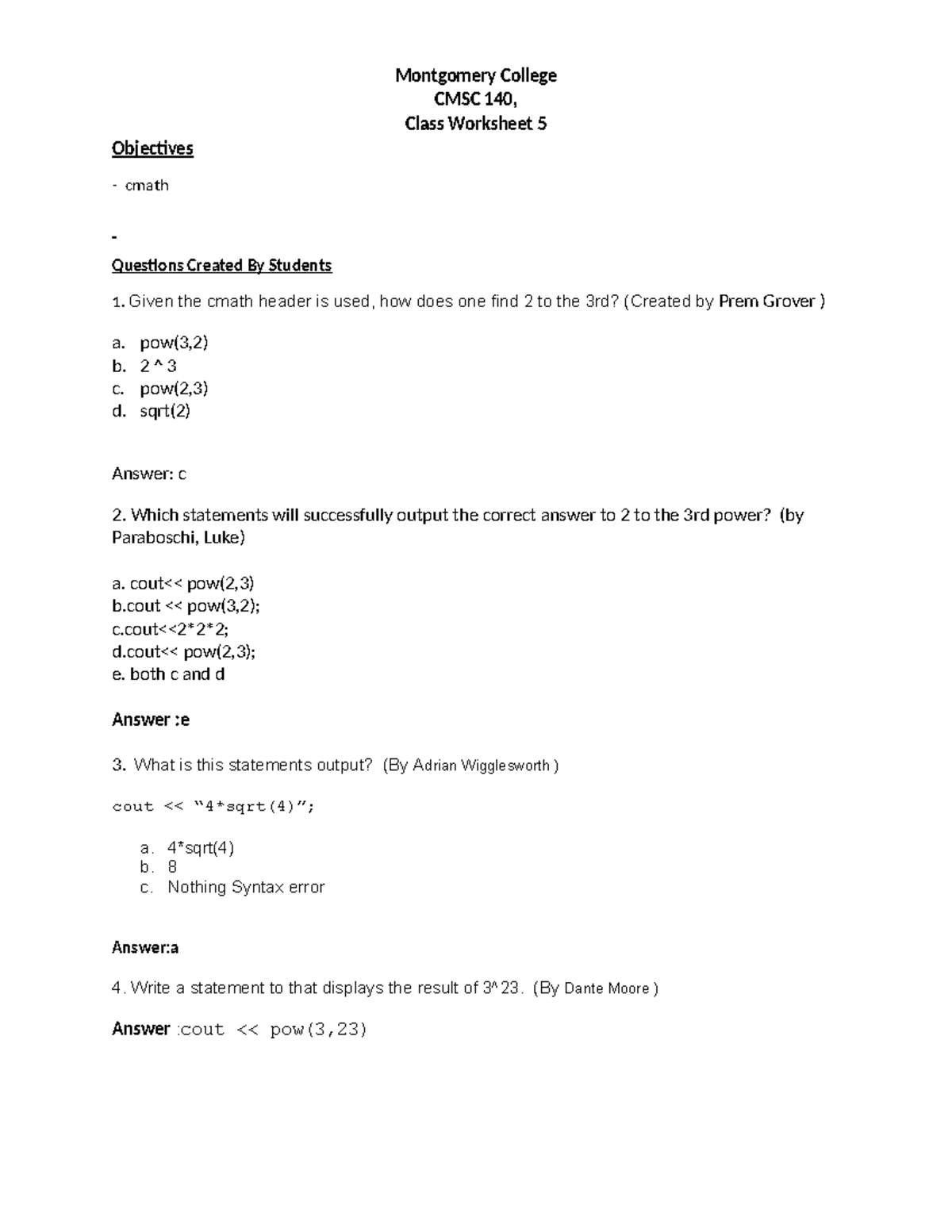 CMSC 140: Class Worksheet 5 on C++ Functions and cmath - Studocu