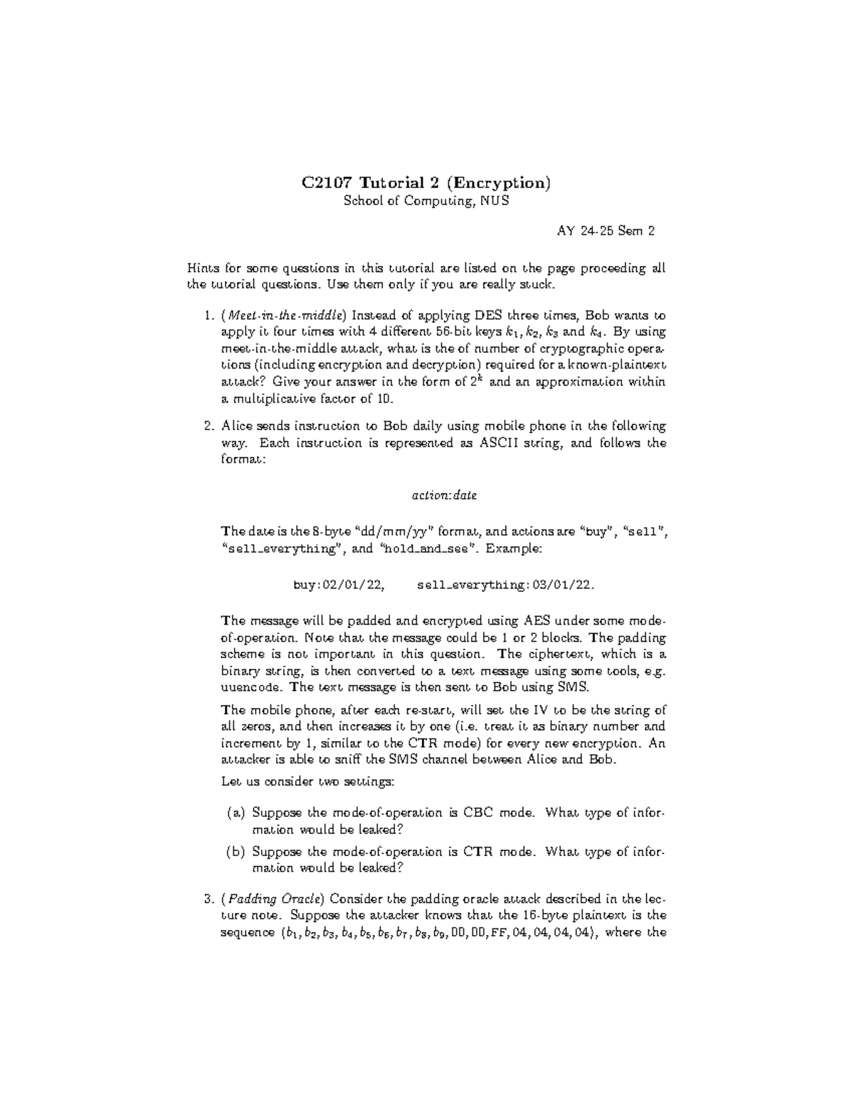 CS2107 T2Q AY2425S2 - C2107 Tutorial 2 (Encryption) School of Computing ...