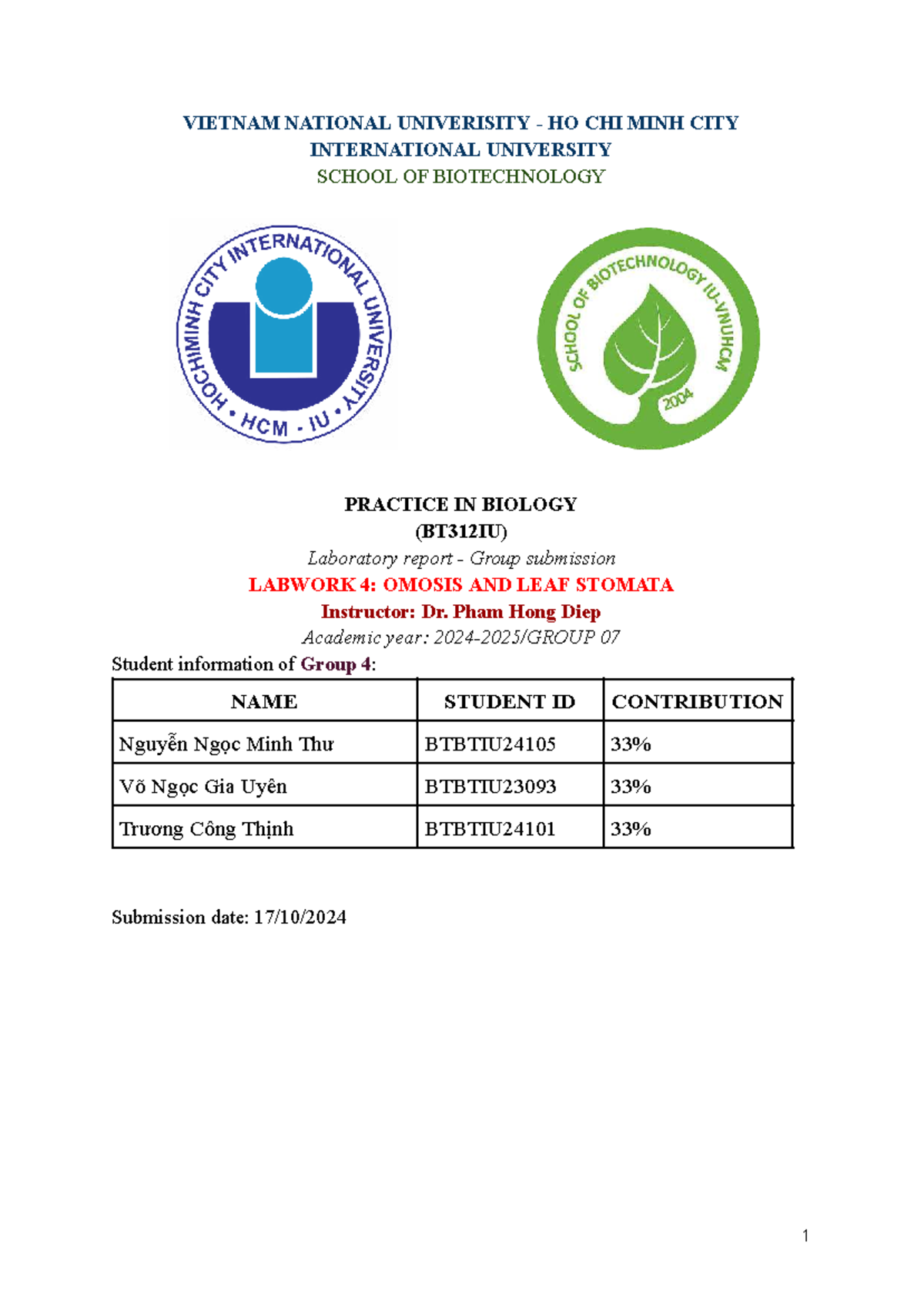 BT312IU Lab Report: Osmosis and Leaf Stomata Analysis - Studocu