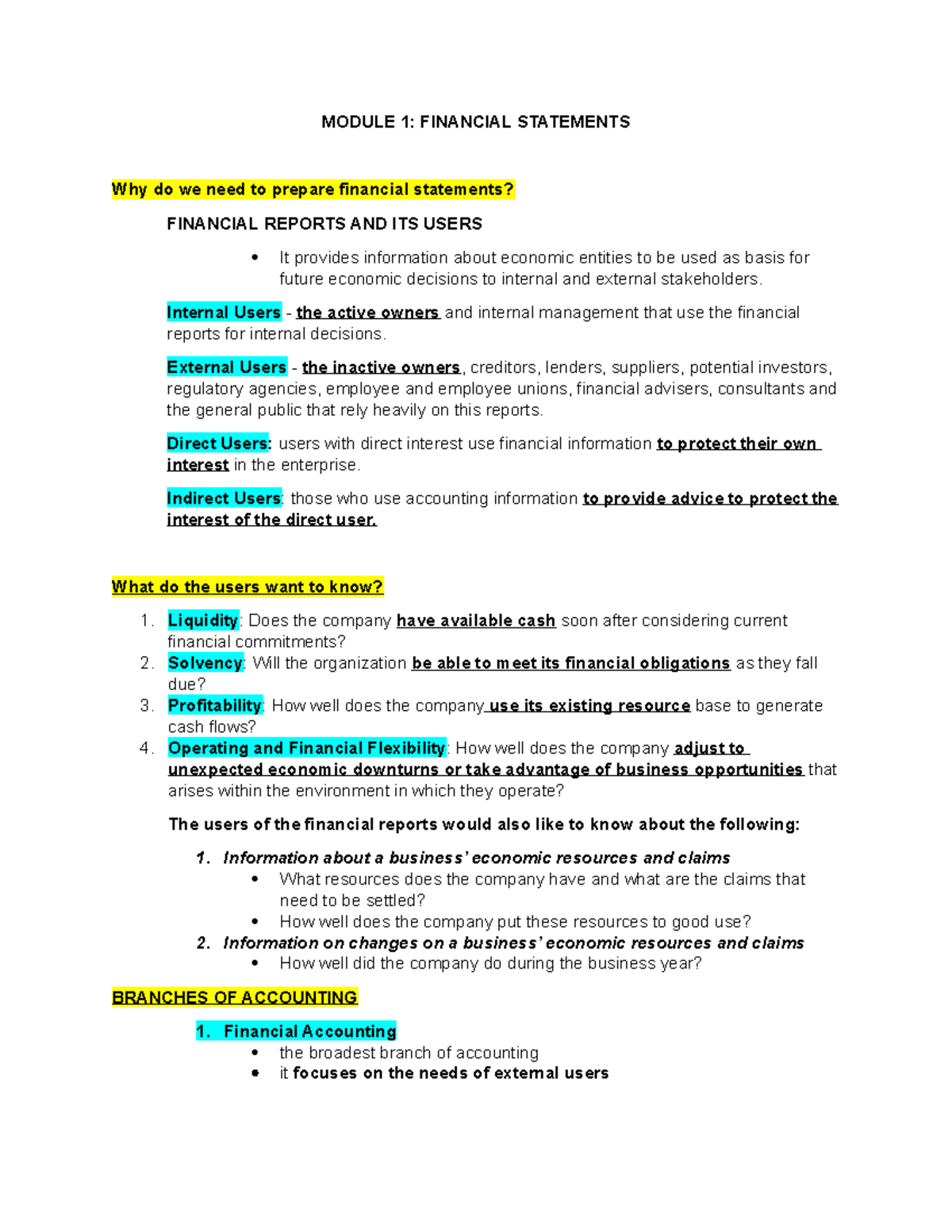 Module 1 Financial Statements - MODULE 1: FINANCIAL STATEMENTS Why do ...