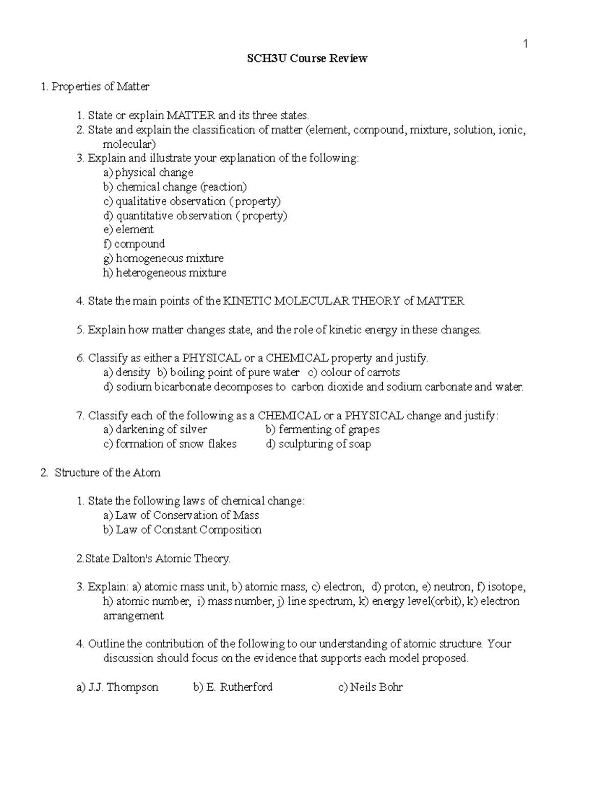 SCH3U Comprehensive Course Review for Final Exam - SCH3U Course Review Properties of Matter ...