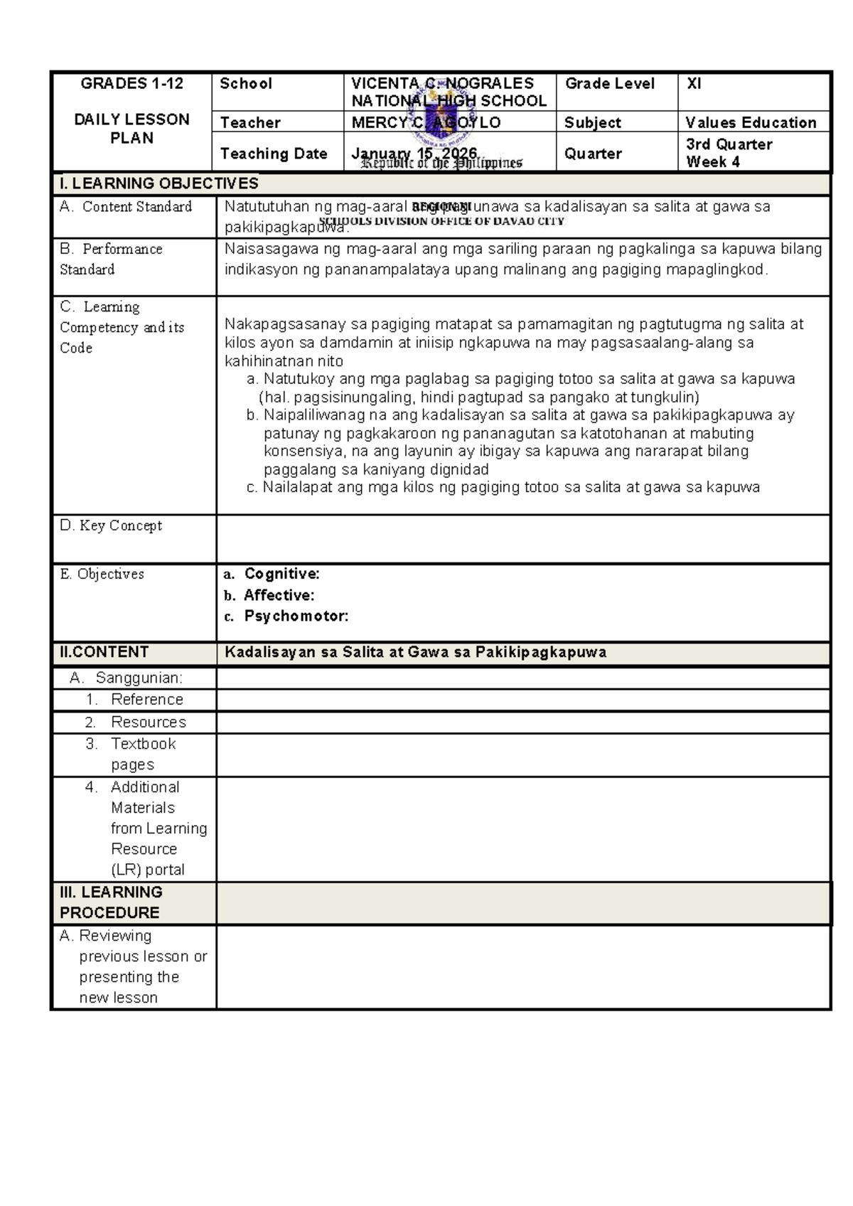 Daily Lesson Plan for Values Education (Grade XI) - 3rd Quarter - Studocu