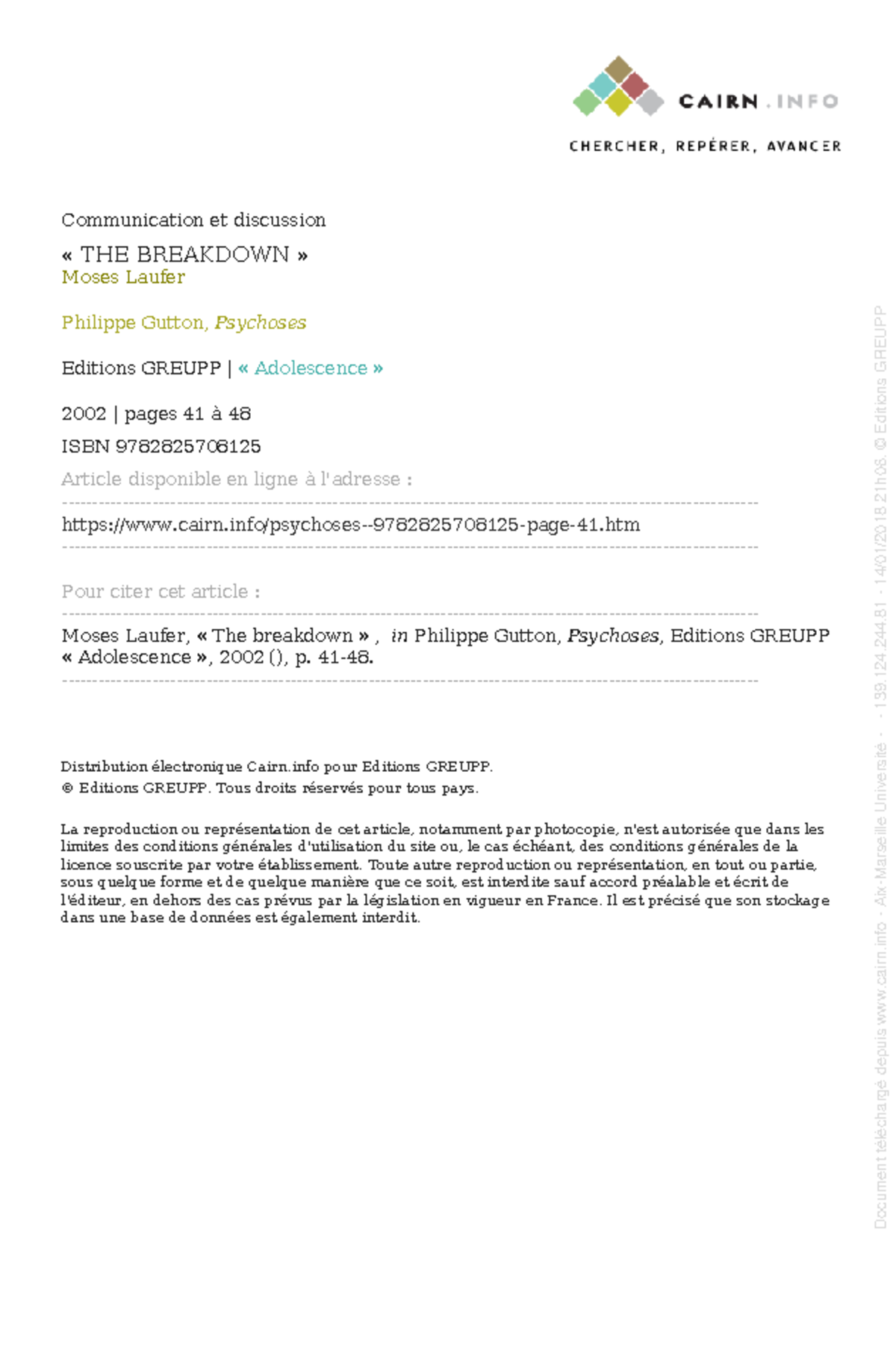 Moses Laufer : La Cassure à l'Adolescence et Ses Implications ...