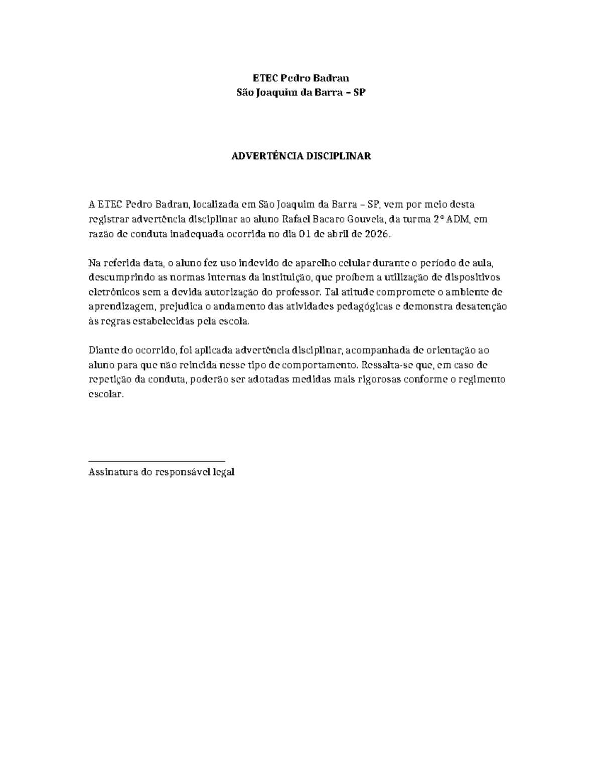 Advertência Disciplinar - ETEC Pedro Badran - 2º ADM - Studocu