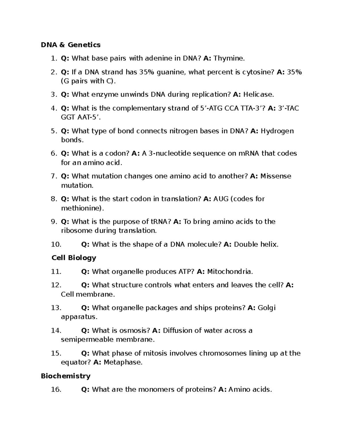 DNA Genetics Quiz: Key Concepts and Questions - Studocu