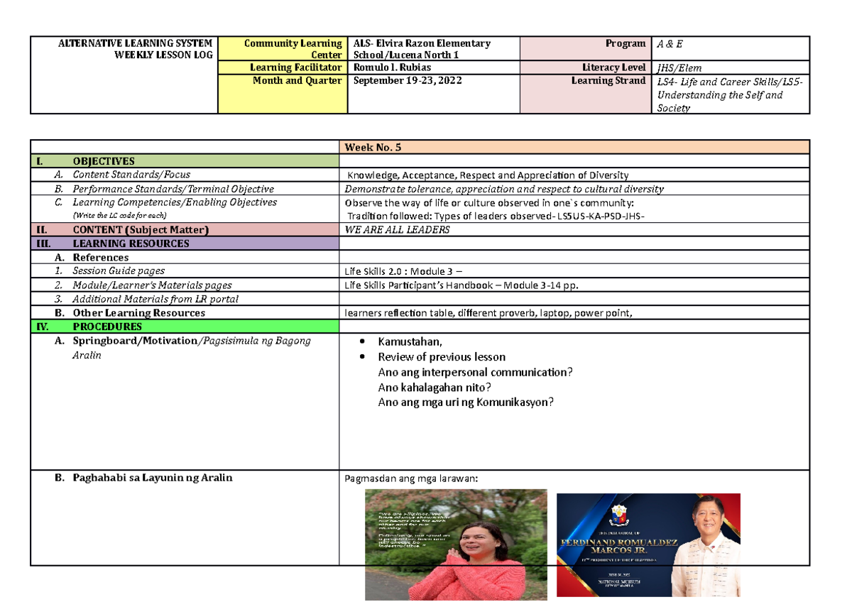 ALS Module 3 Weekly Lesson Log: Leadership and Diversity Skills - Studocu