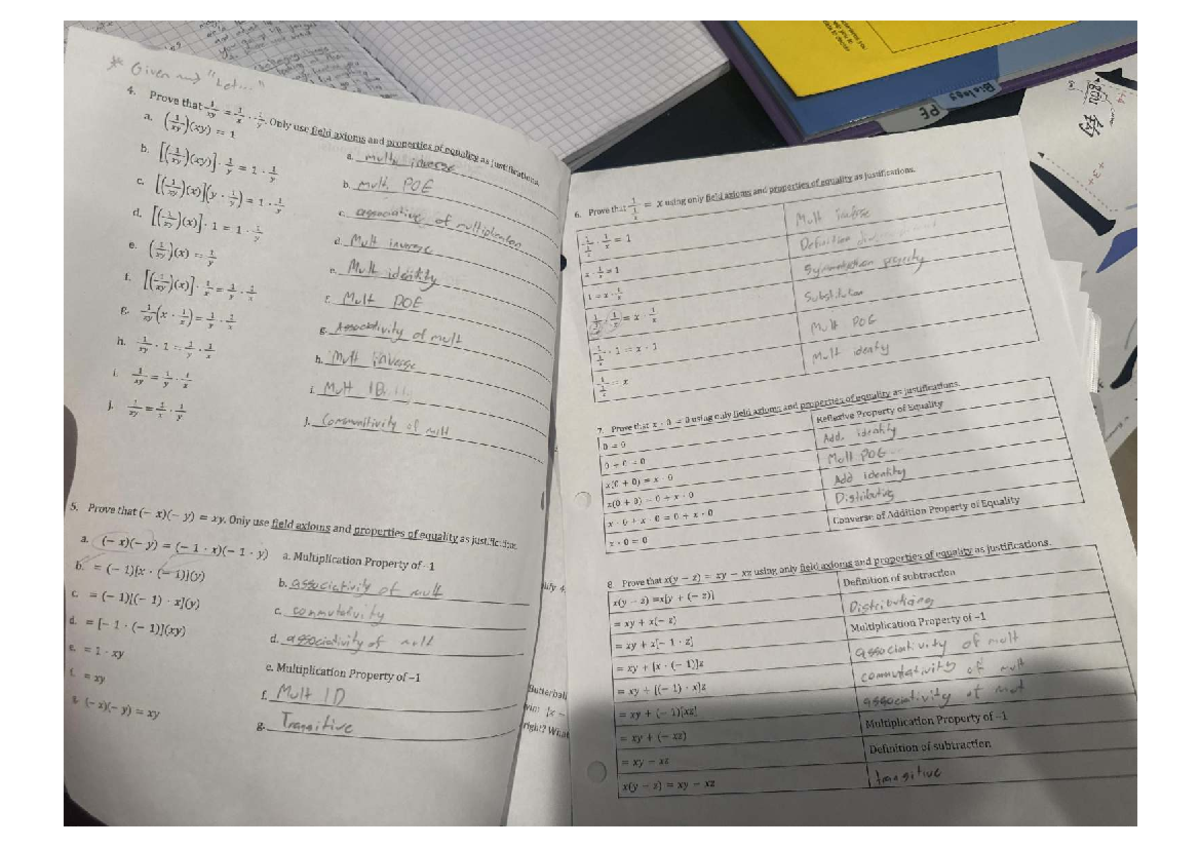 XX123 - Field Axioms and Properties of Equality: Key Proofs and ...