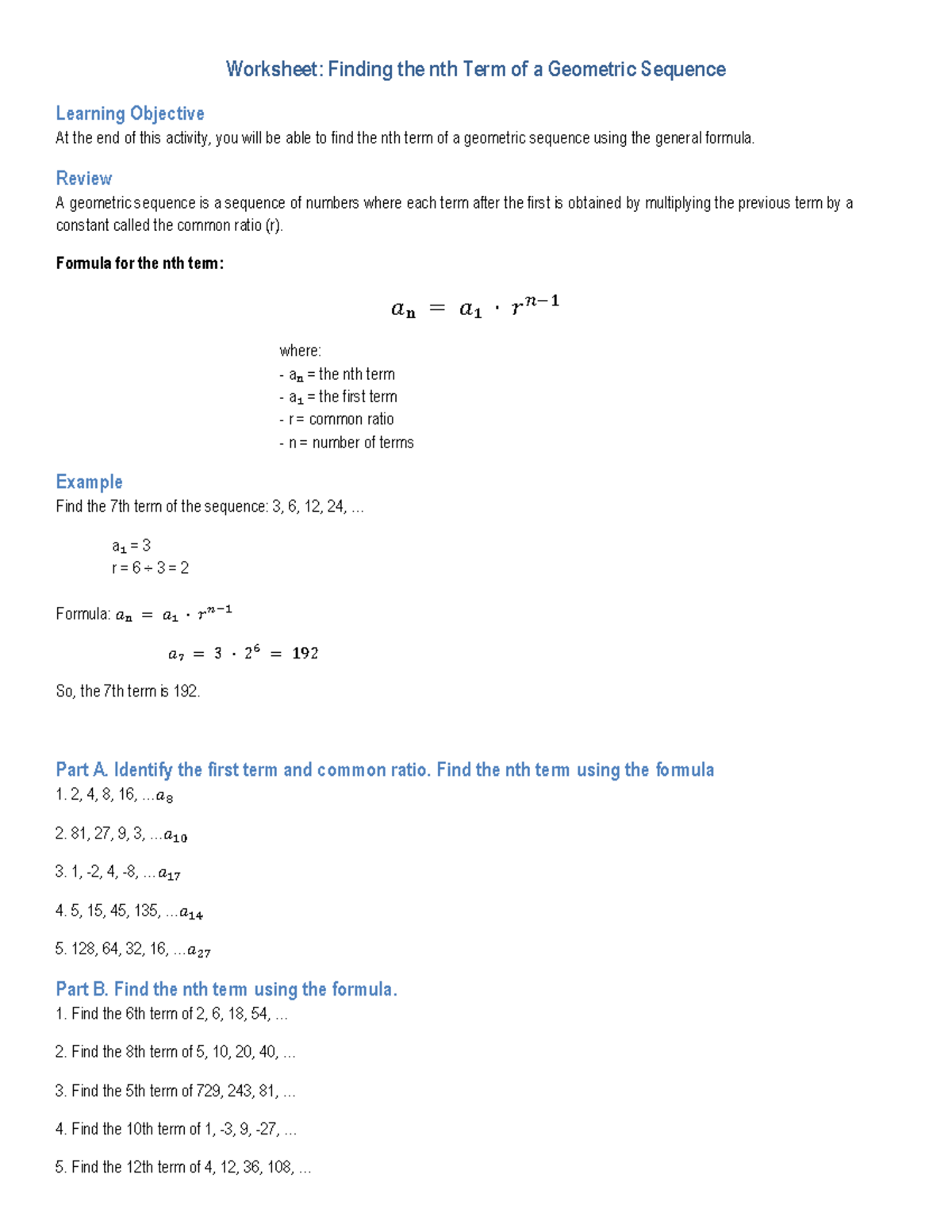 Geometric Sequence Worksheet: Finding the nth Term - Studocu