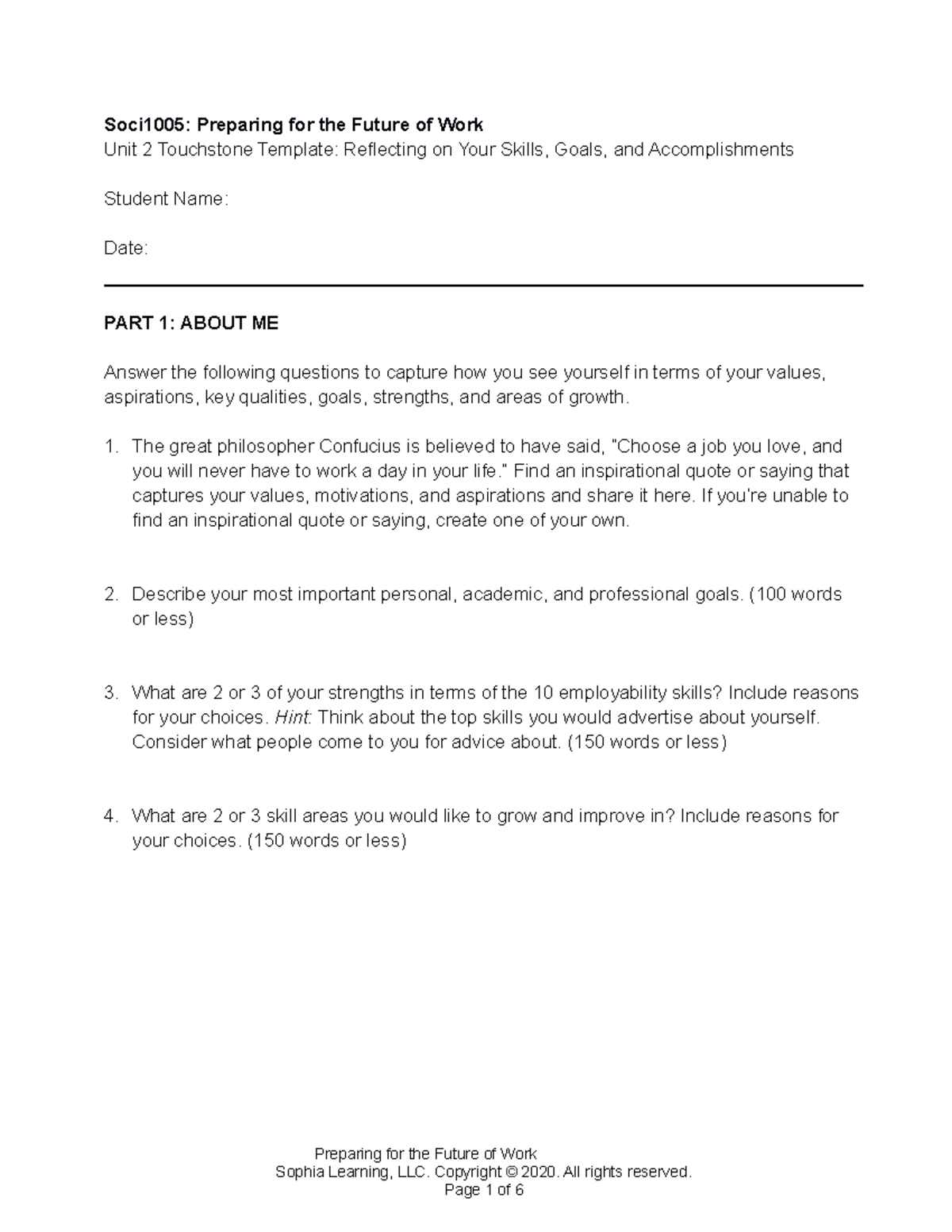 SOCI1005: Touchstone Unit 2 Template for Skills & Goals Reflection ...