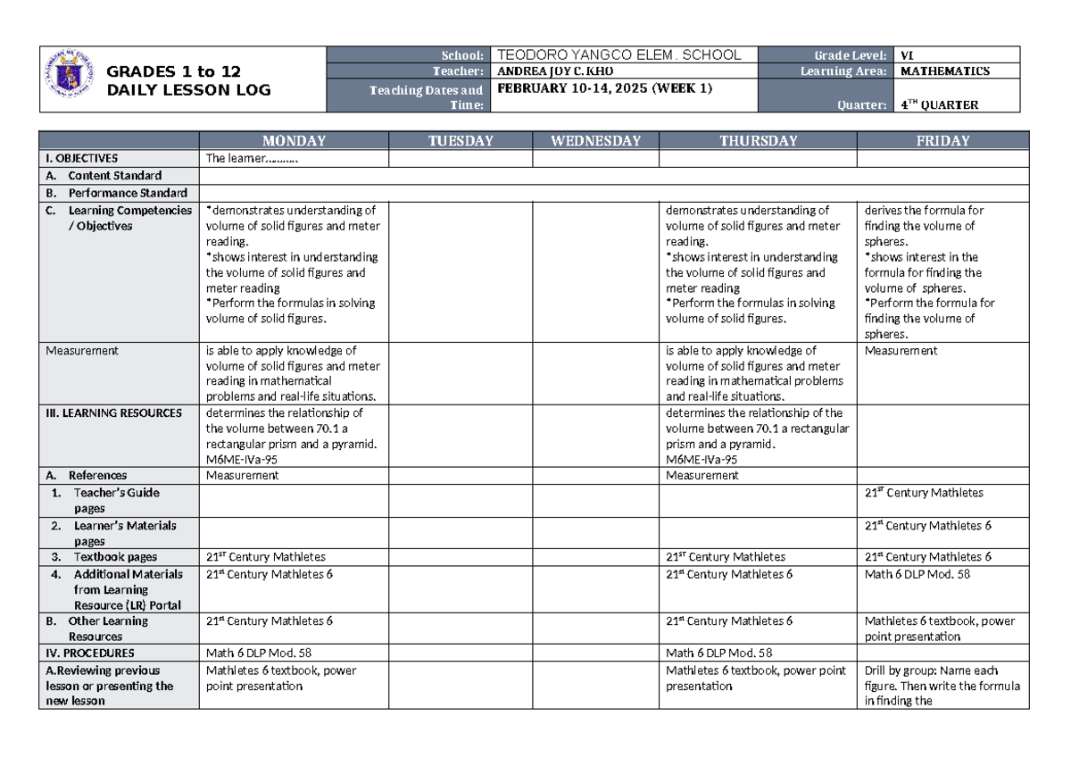 DLL Mathematics 6 Q4 W1 Lesson Log - Volume of Solid Figures - Studocu