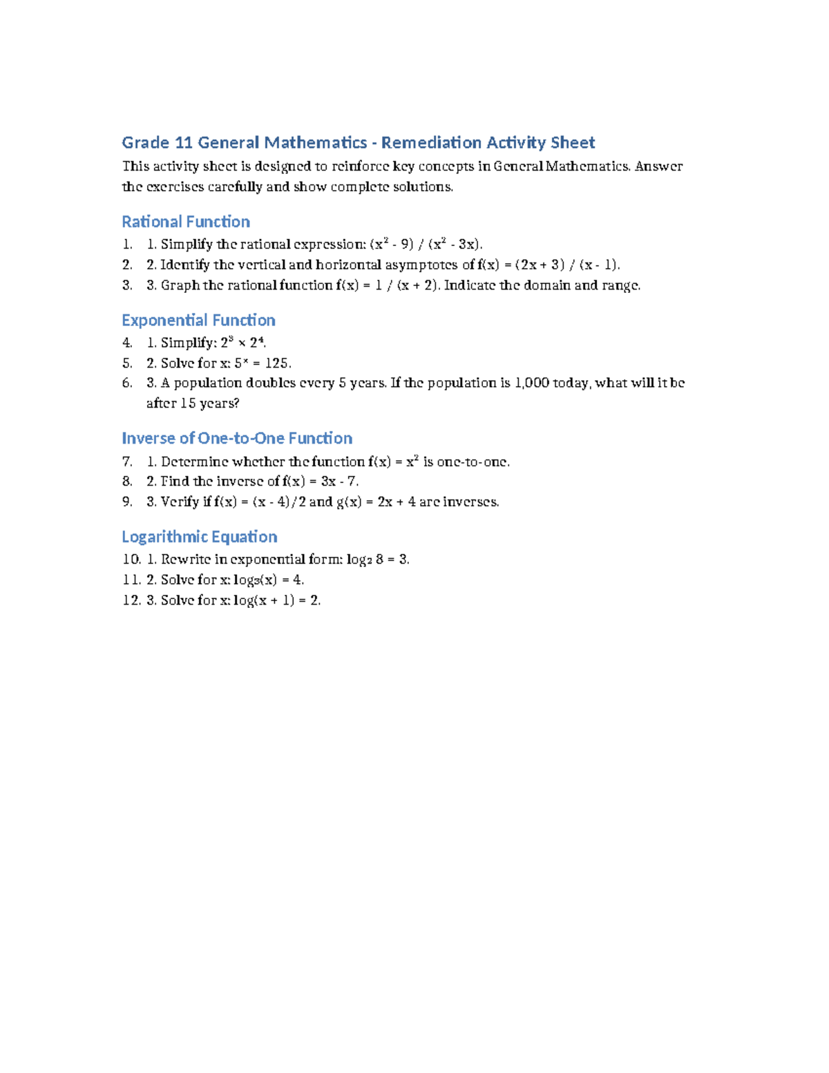 Grade 11 General Math Remediation Activity Sheet - Studocu