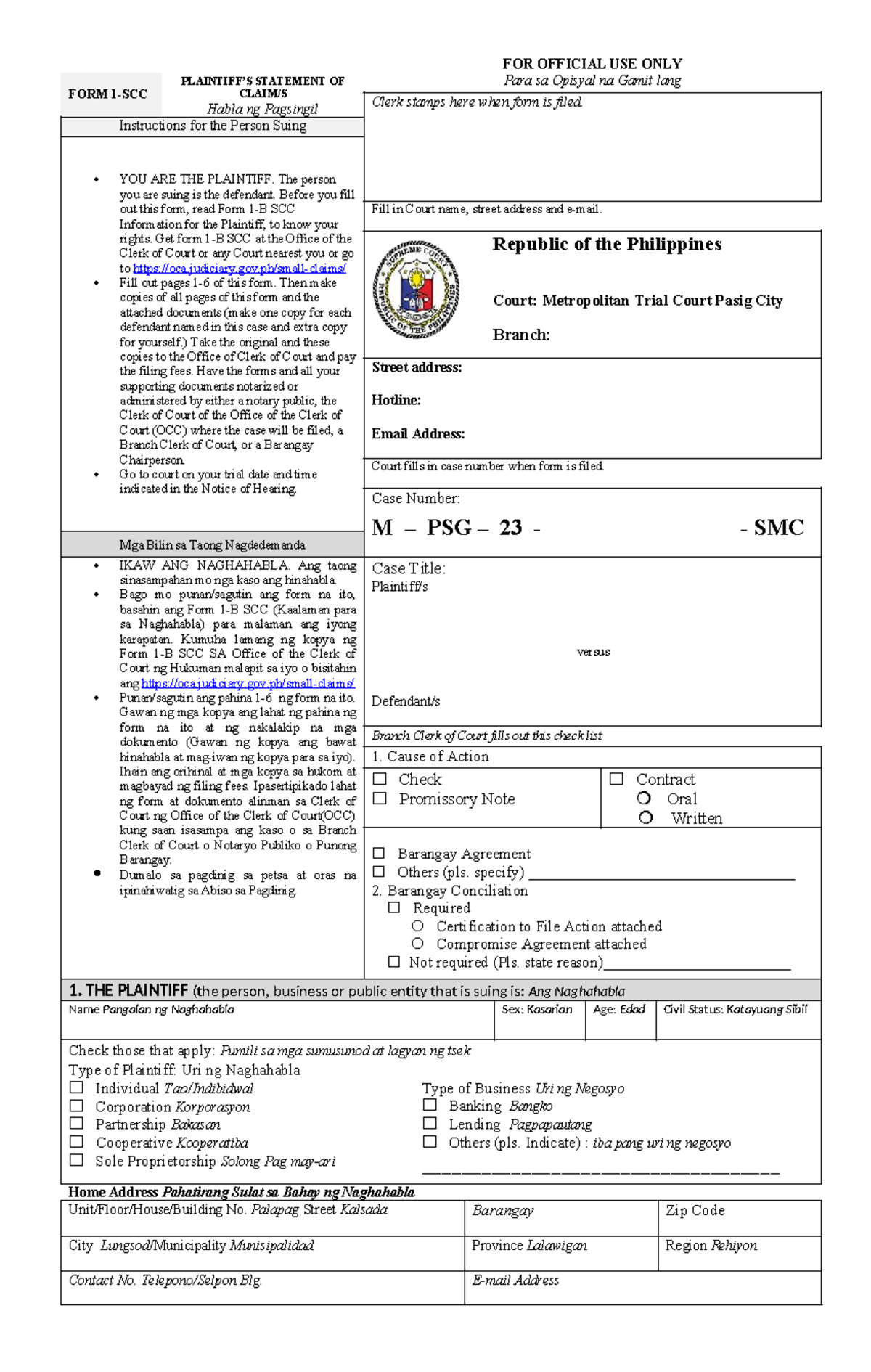 SCC FORM - Instructions for Plaintiffs in Small Claims Cases - Studocu