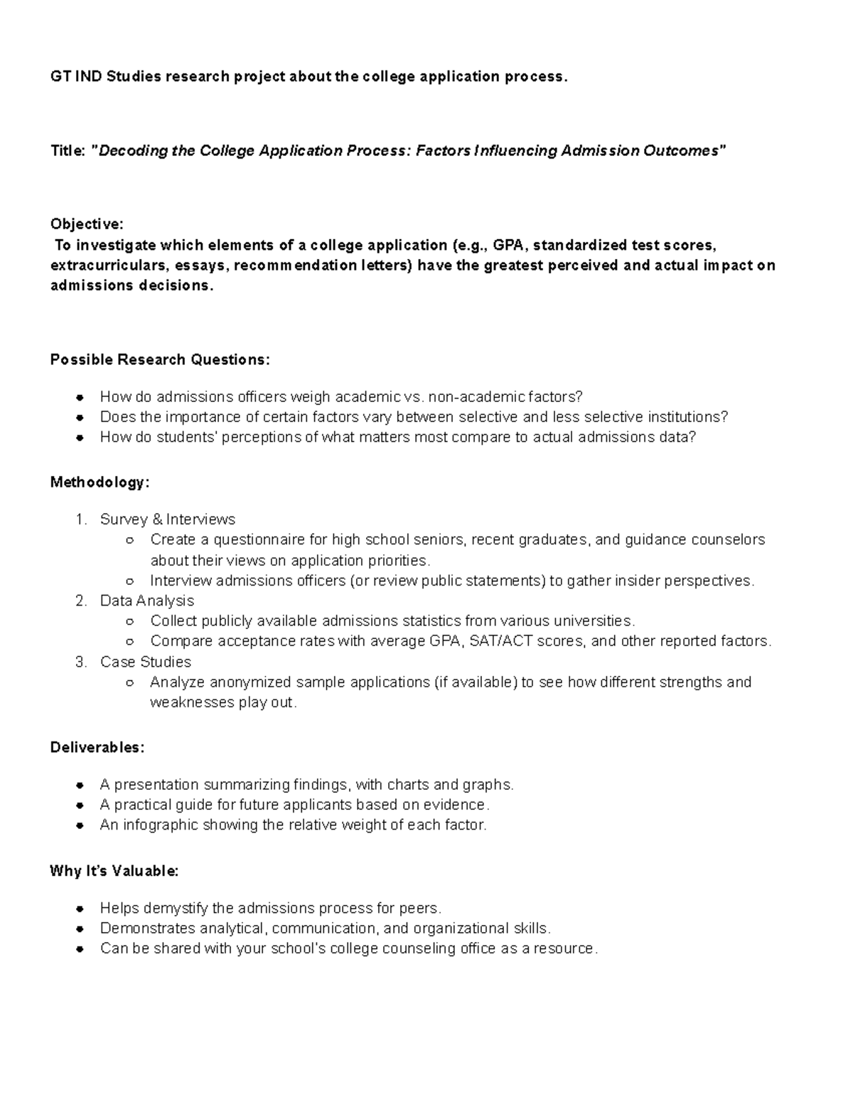 GT IND Studies: College Application Process Research Project - Studocu
