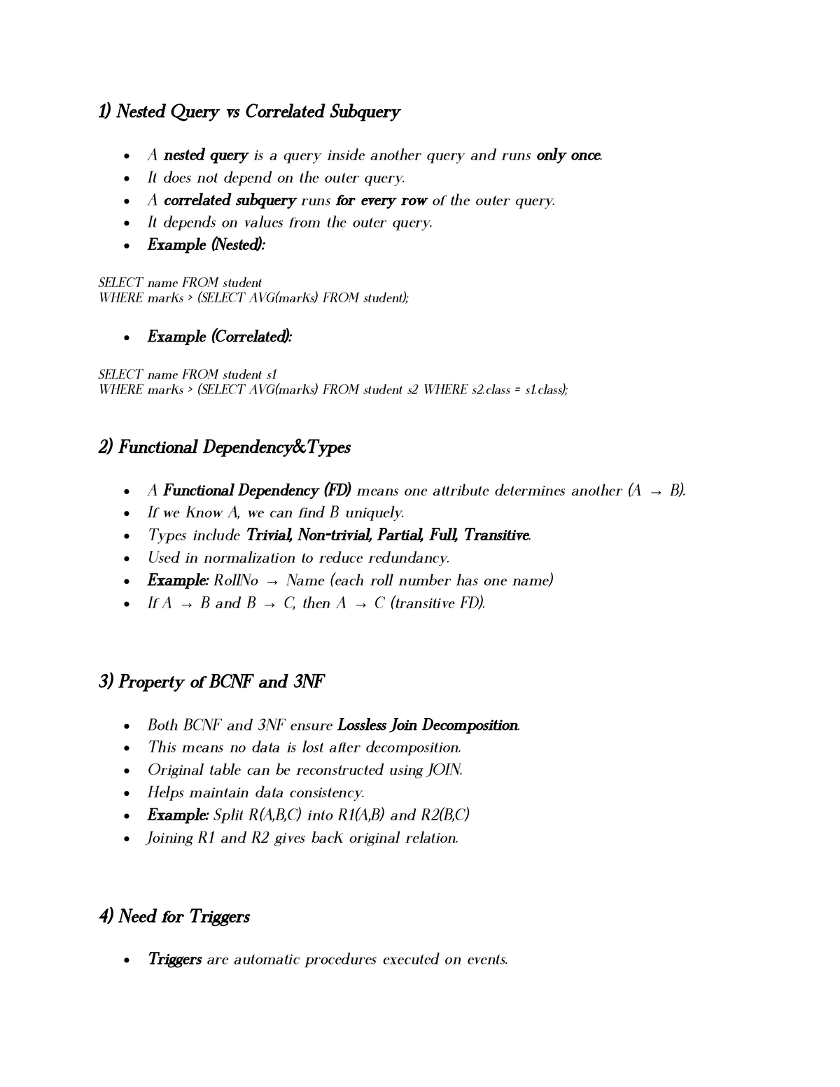 DBMS 2 Marks Midterm - Nested Queries, FDs, and Indexing - Studocu