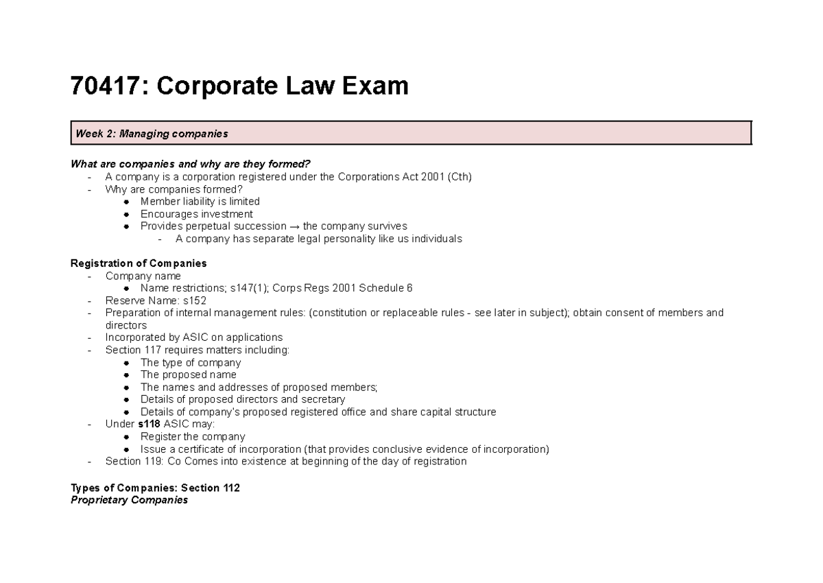 70417: Corporate Law Exam Week 2 - Understanding Company Formation and ...