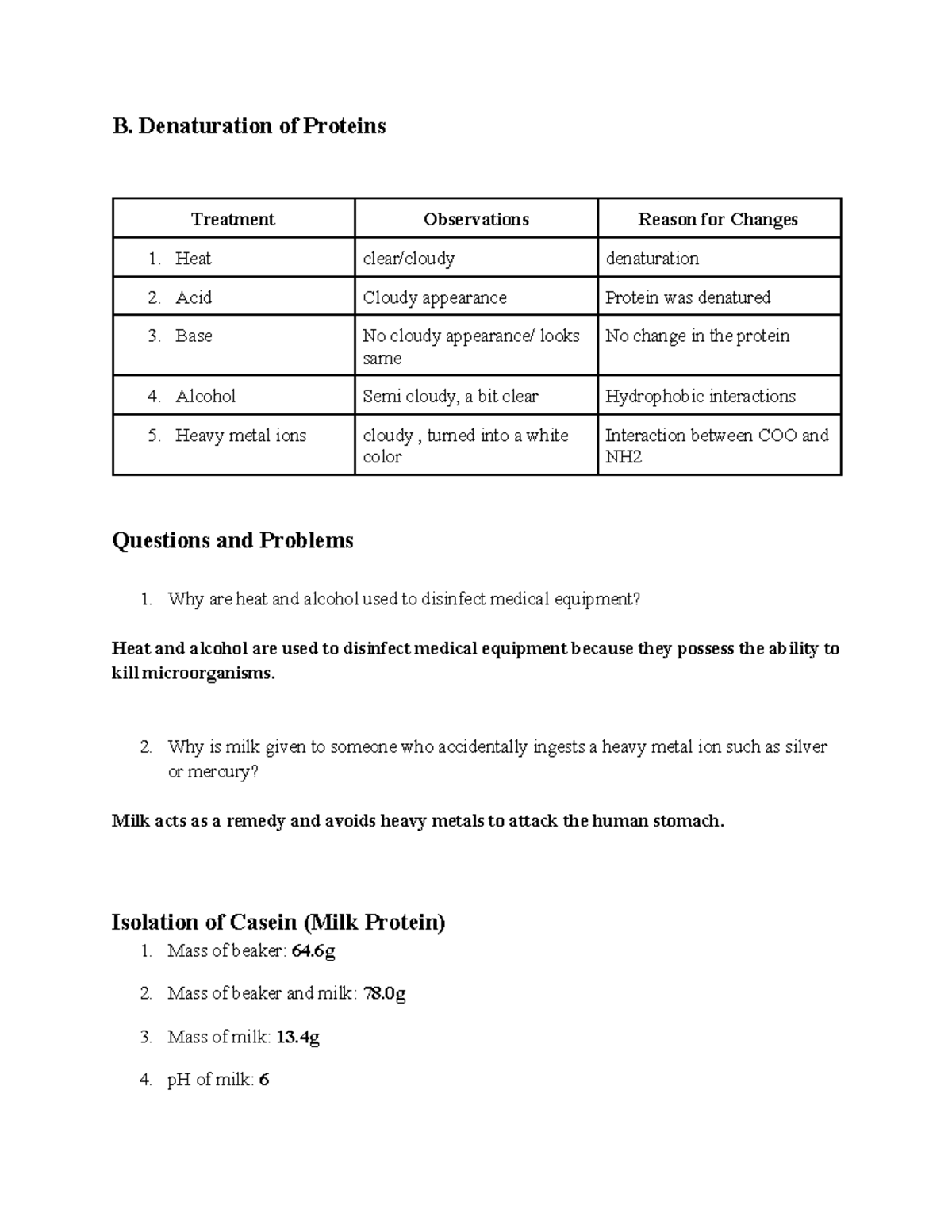 Peptides and Proteins Lab Report: Denaturation and Casein Analysis ...