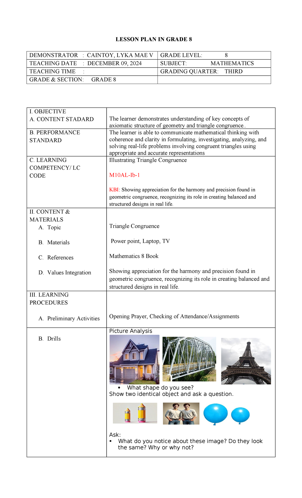 Illustrates Triangle Congruence - LESSON PLAN IN GRADE 8 DEMONSTRATOR ...