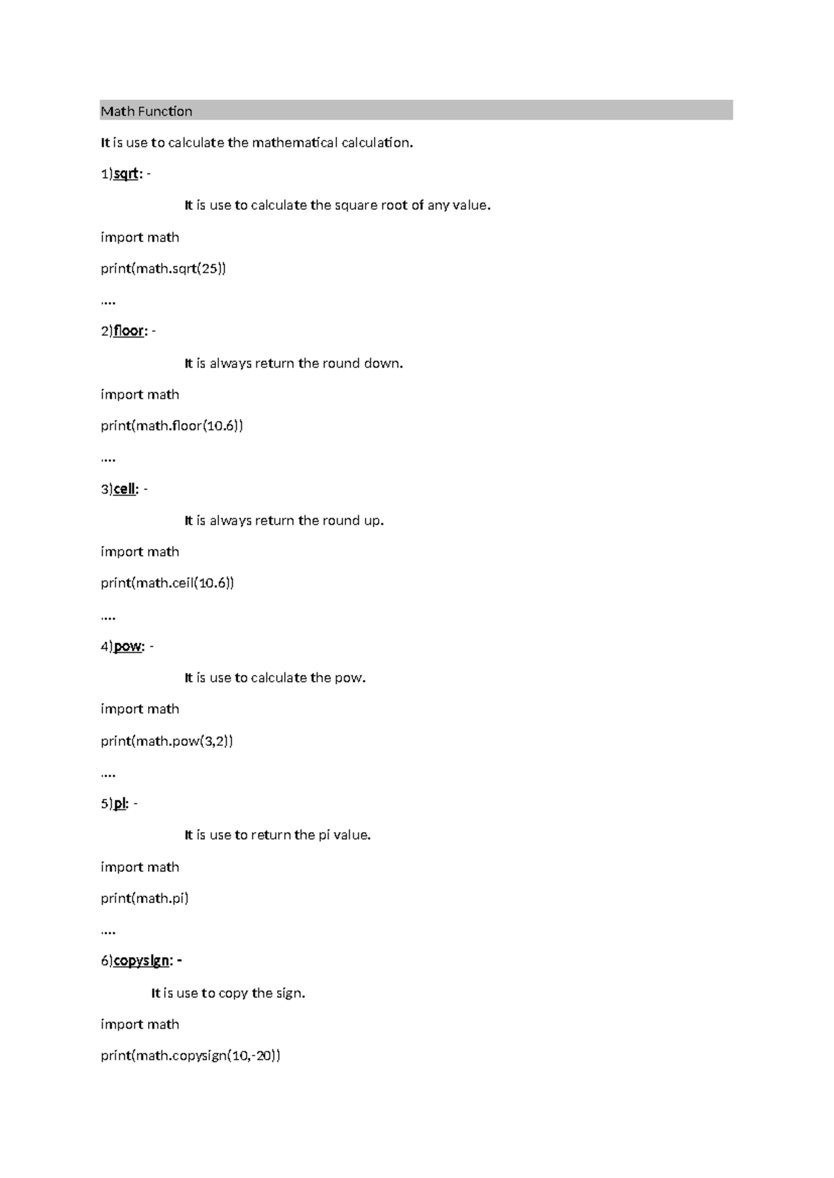 Math Functions - Lecture Notes on Python Math Module - Studocu