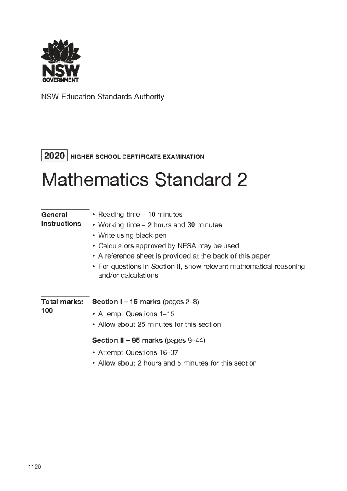 2020 HSC Mathematics Standard 2 Exam Paper - Studocu