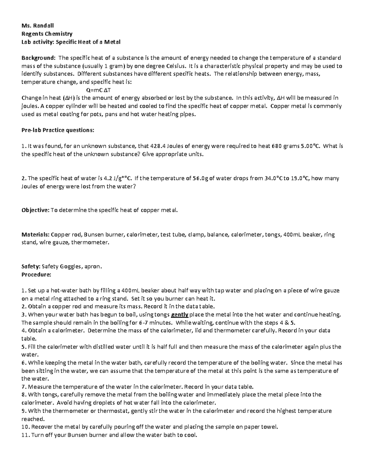 Ms. Randall Regents Chemistry Lab: Specific Heat of Copper Metal - Studocu