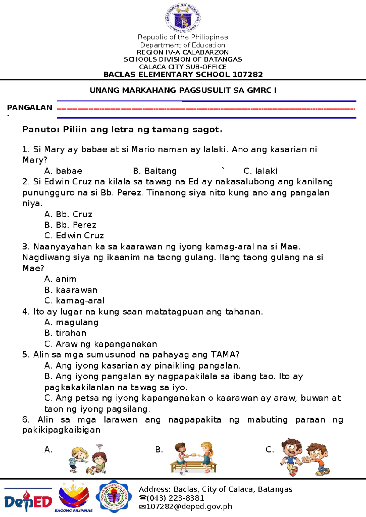 Q1-PT-GMRC I Unang Markahang Pagsusulit sa GMRC - Studocu