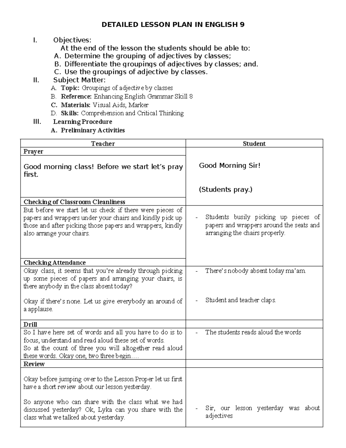 Detailed Lesson Plan on Grouping Adjectives in English 9 - Studocu