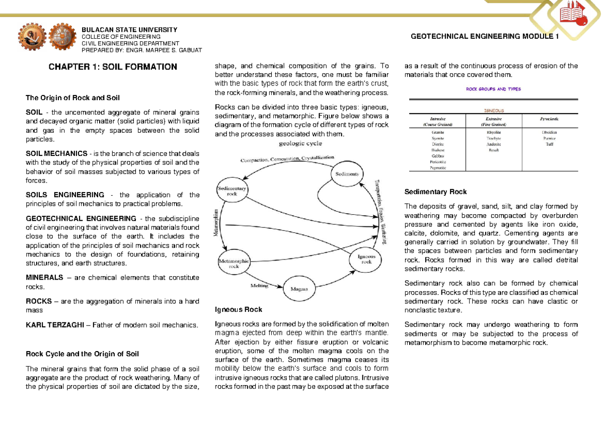 BULACAN STATE UNIVERSITY GEOTECHNICAL ENGINEERING MODULE 1 CHAPTER 1 ...