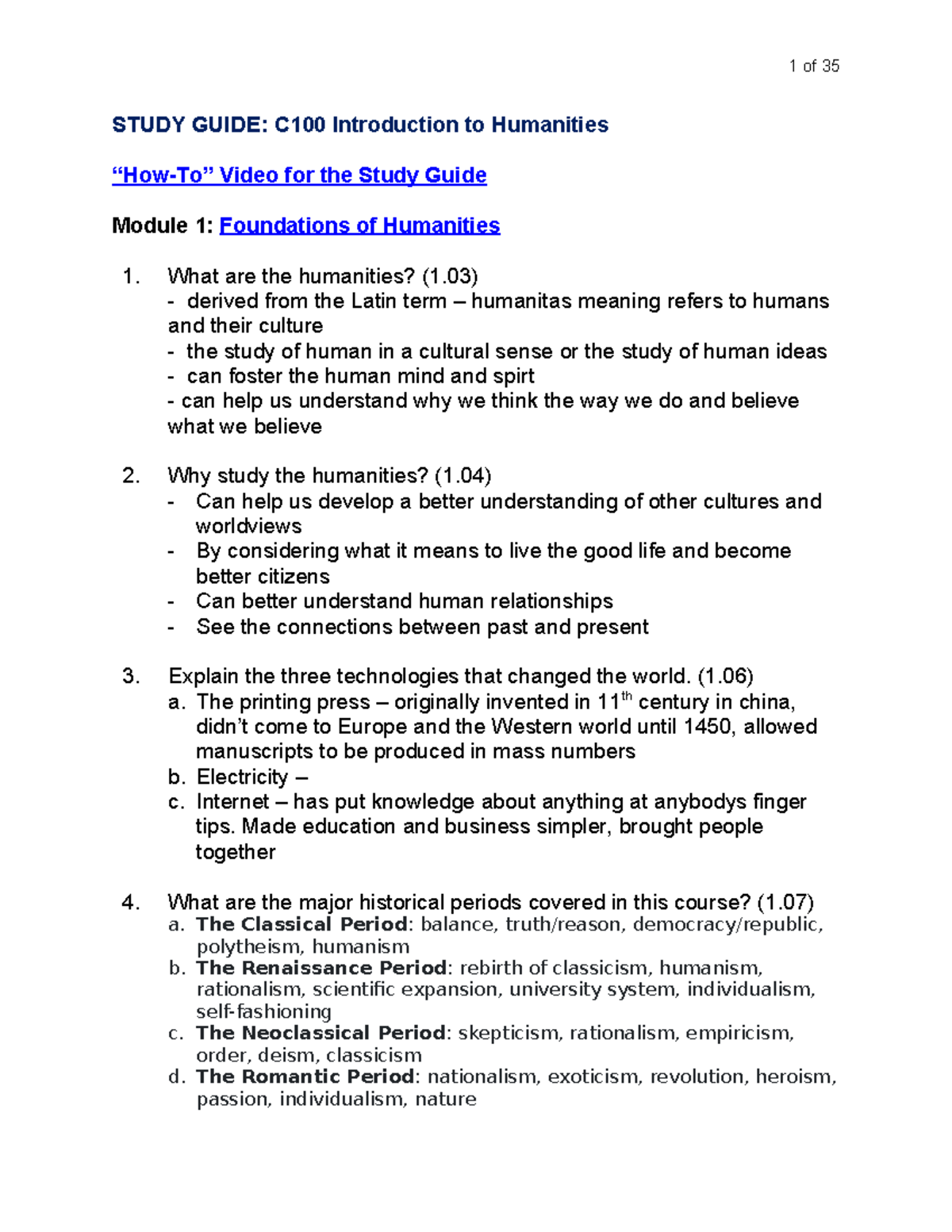 C100 study guide outline - STUDY GUIDE: C100 Introduction to Humanities ...